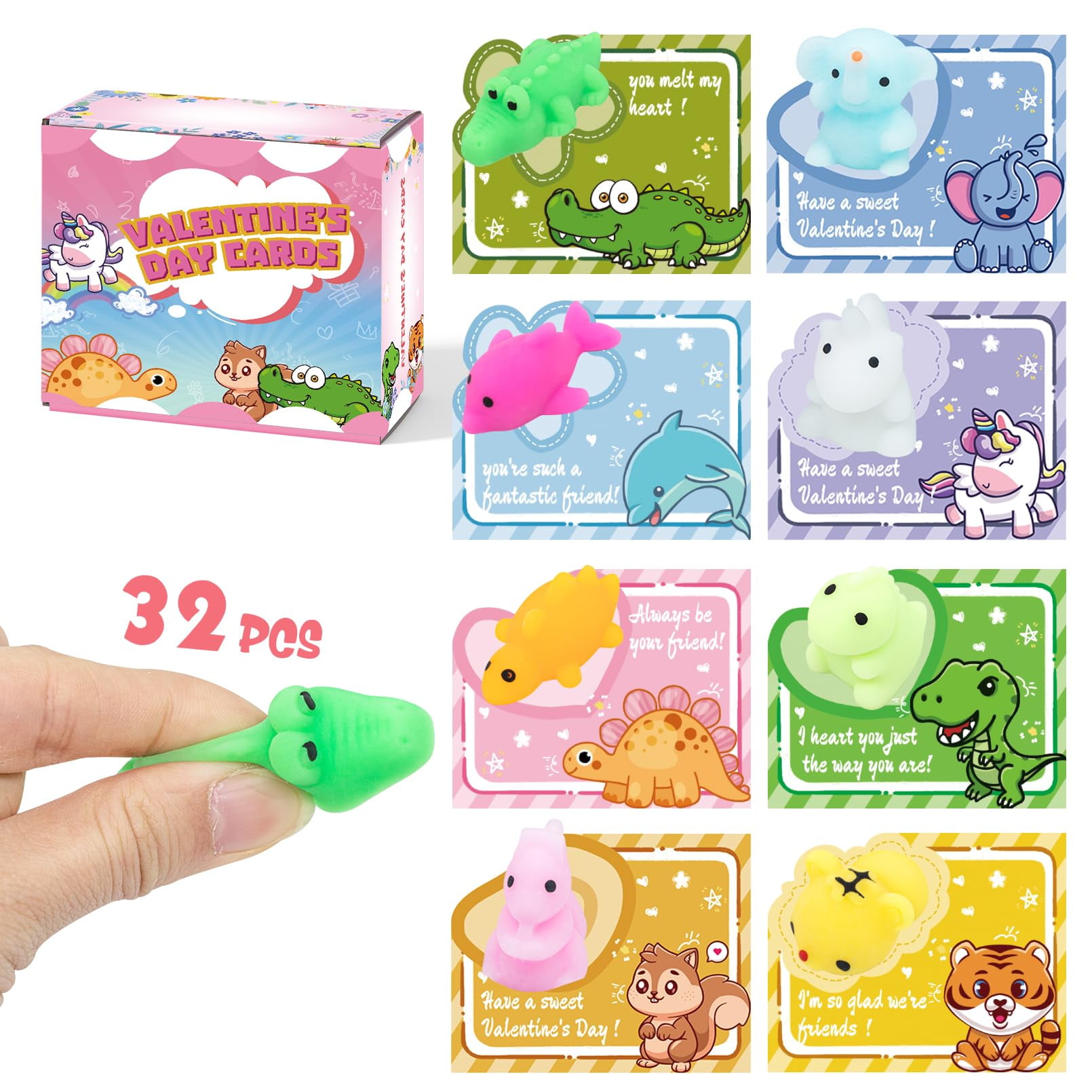 Valentine Cards for Kids Classroom 32 Packs, Animal Theme Squishy Toy ...