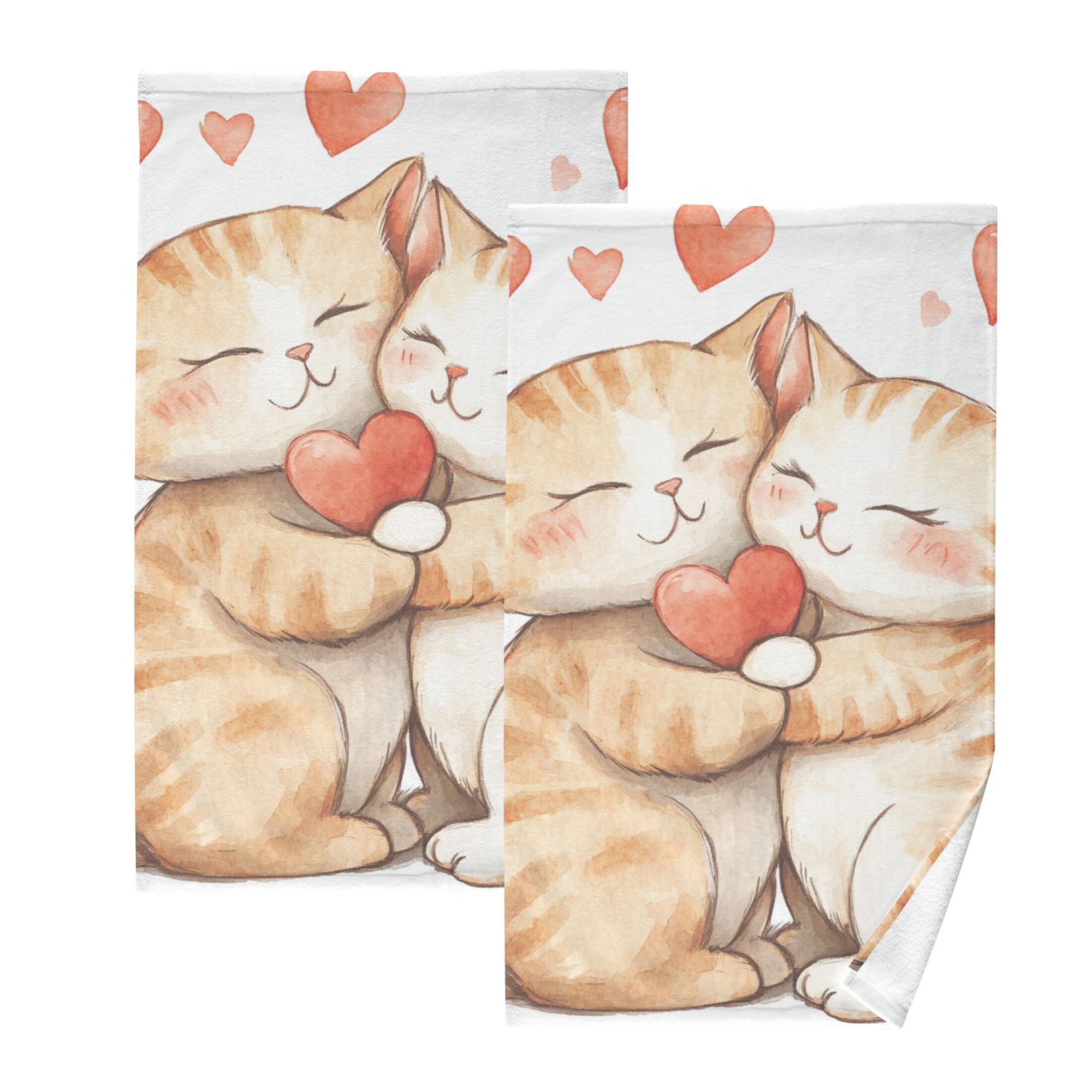 Valentine Cats Hug Red Hearts Bath Towel Set Pure Cutton Towels Soft ...