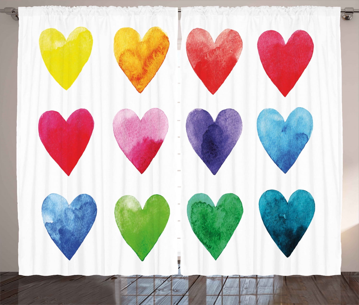 Ambesonne Valentine Curtains 2 Panel Set, Rainbow Colors Hearts, 108" x ...
