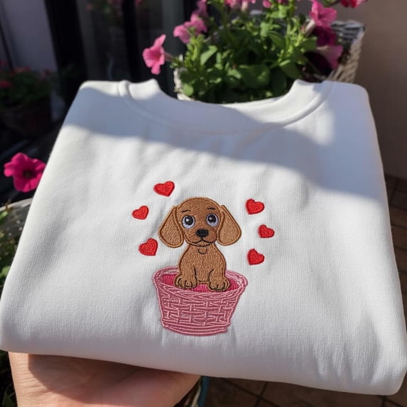 Valentine Dachshund Puppy Embroidered Sweatshirt, Cute Wiener Dog in ...