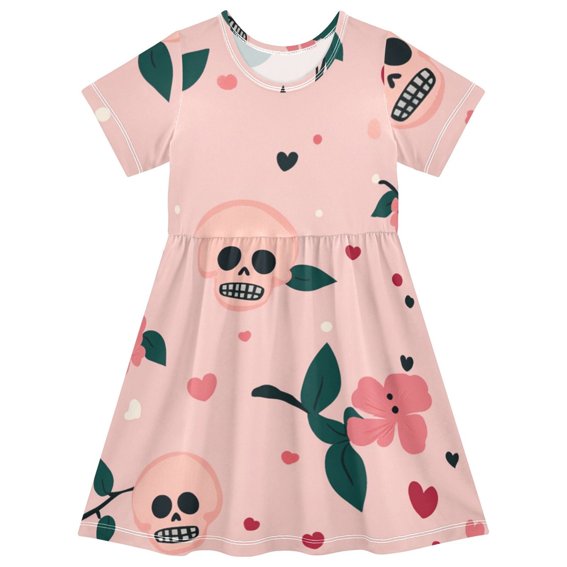 Valentine Flowers Skulls Hearts Girls' Short Sleeve Dress A-Line One ...
