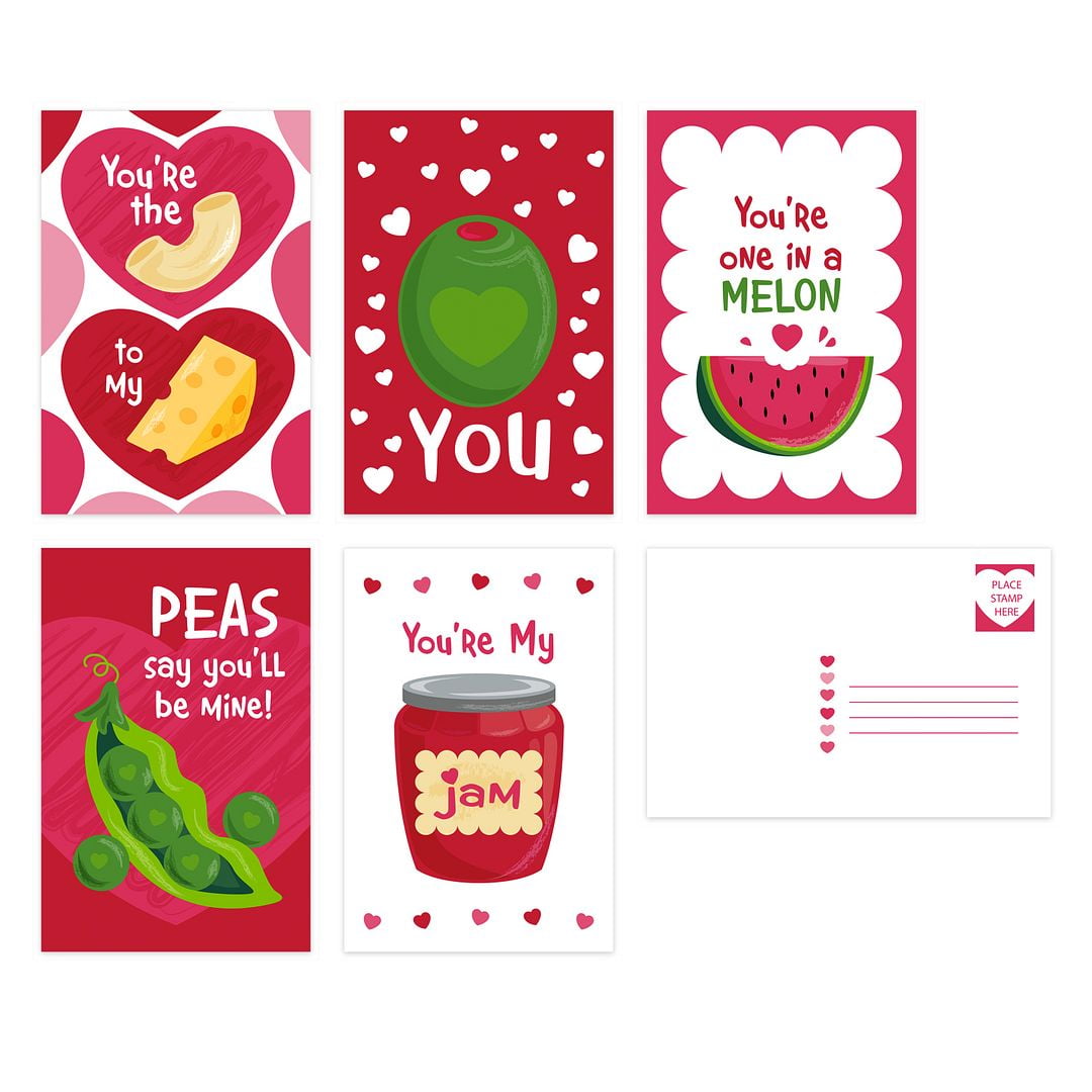 Valentine Food Pun Postcards / 25 Illustrated Foods Postcard Pack / 5 ...