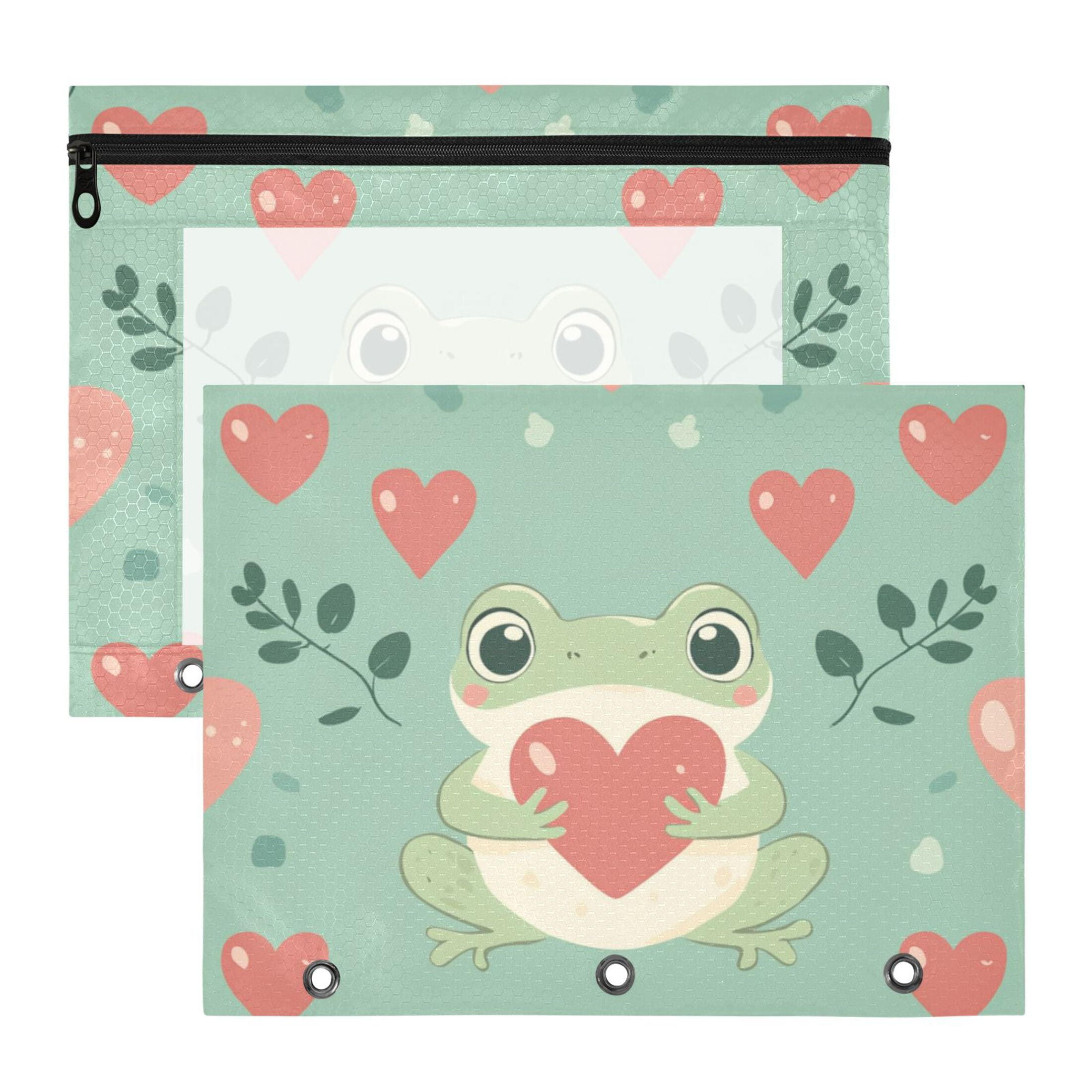 Valentine Frog with Hearts Leaves 3-Ring Binder Pouches A4 Size Zipper ...