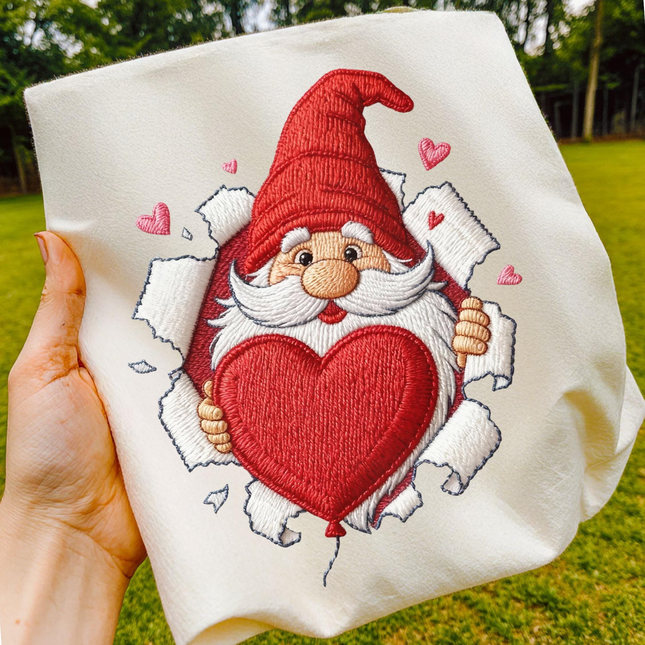 Valentine Gnome Embroidery Style PNG | Gnome Holding Heart | Cute ...