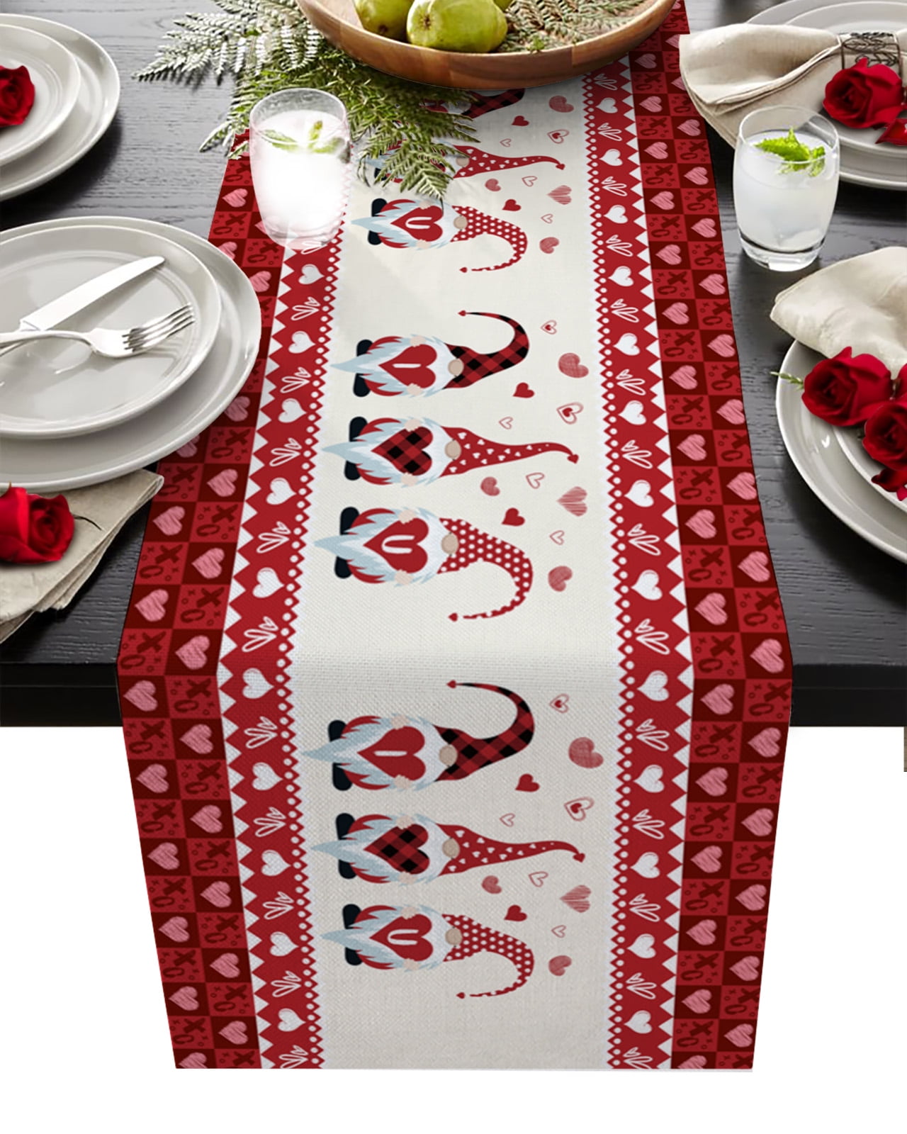 Valentine Gnomes Table Runner I Love U Red Buffalo Plaid Love Heart ...