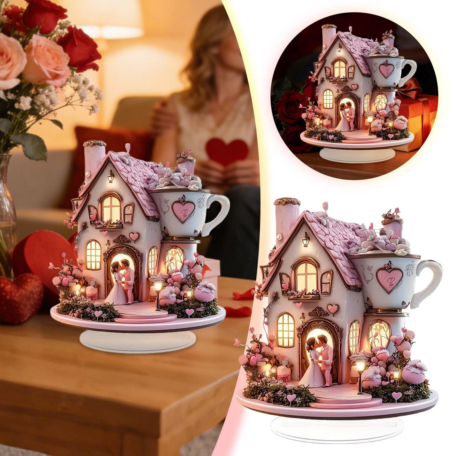 Valentine Heart Rose Rabbit Acrylic Desk 2D Ornament Table Home Statue ...