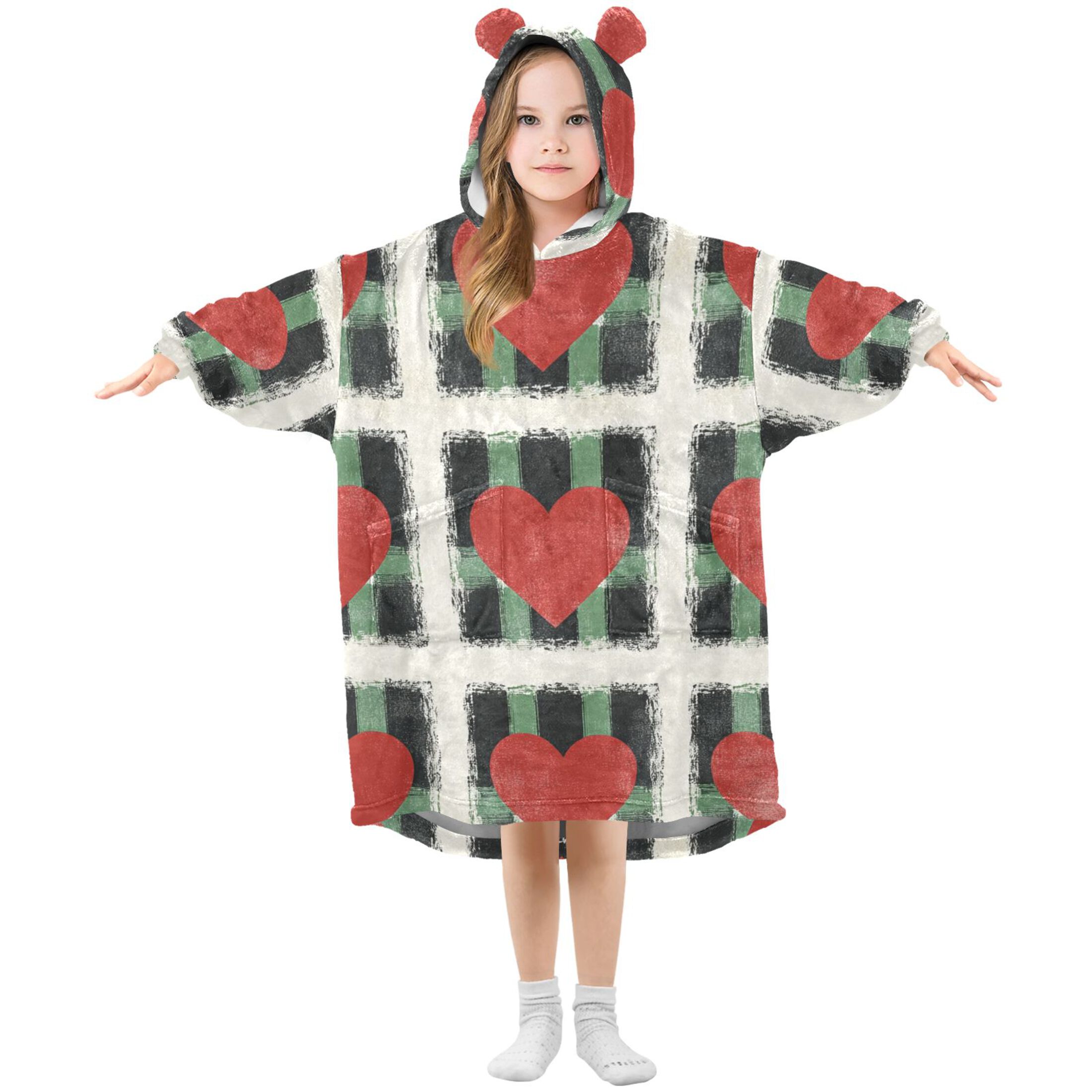 Valentine Hearts Green-black Plaid Flannel Wearable Blankets Hooded ...