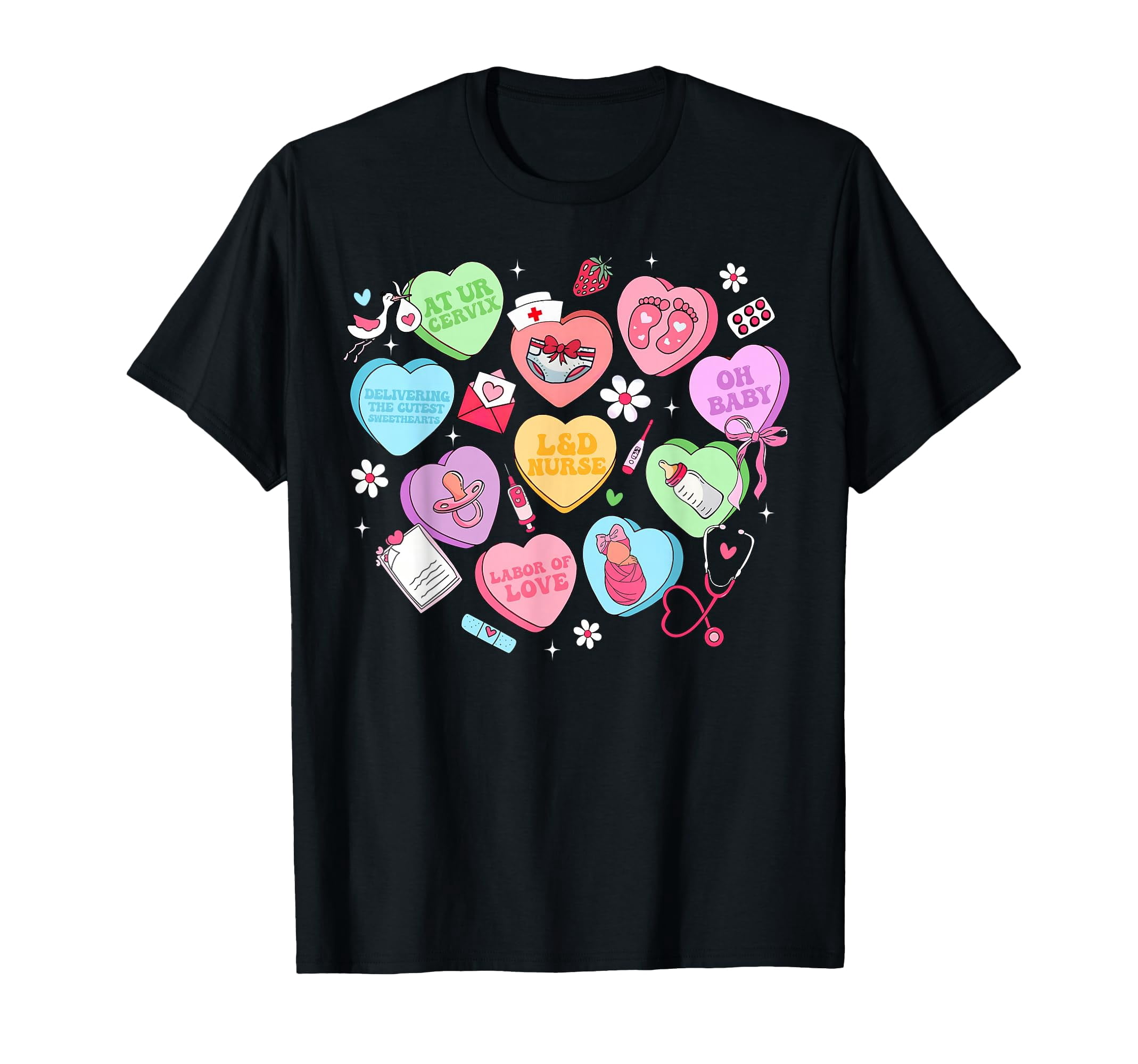 Valentine Labor and Delivery Nurse Heart Icons T-Shirt - Colorful ...