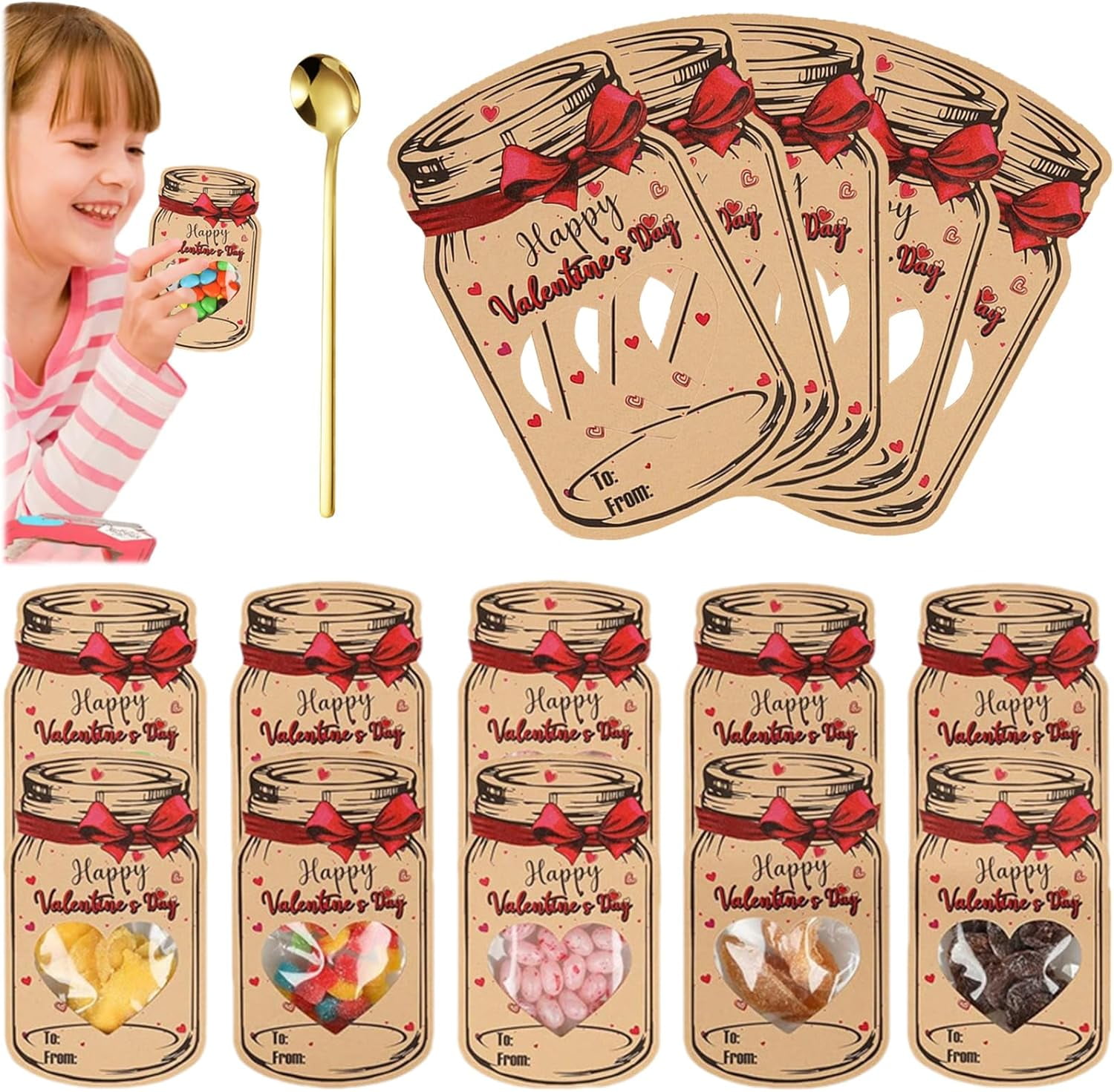 Valentine Mason Jar Cards, 50 Pack Mason Jar Valentines Day Cards For ...