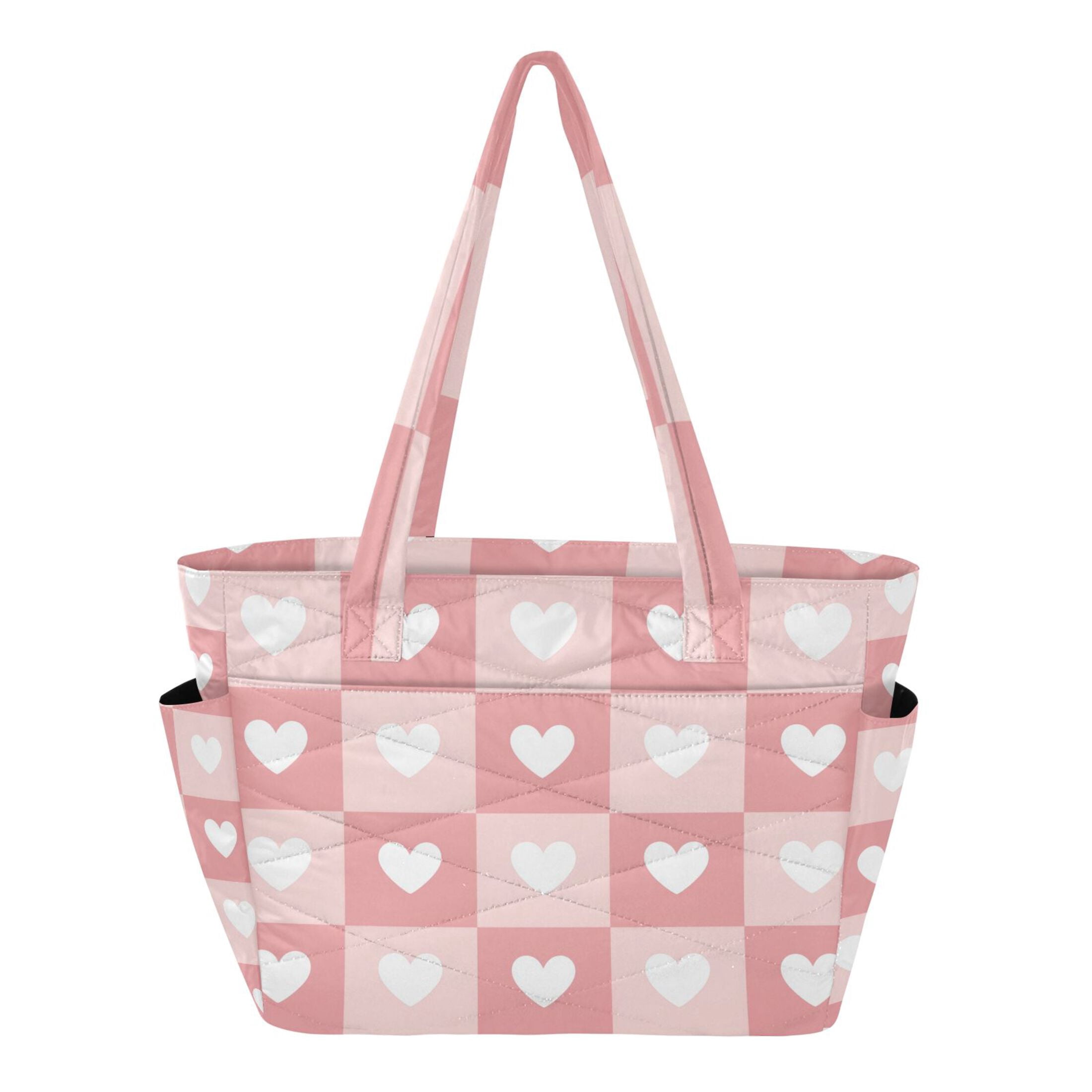 Valentine Pink Checkered Pattern with Hearts Women's Quilted Tote ...