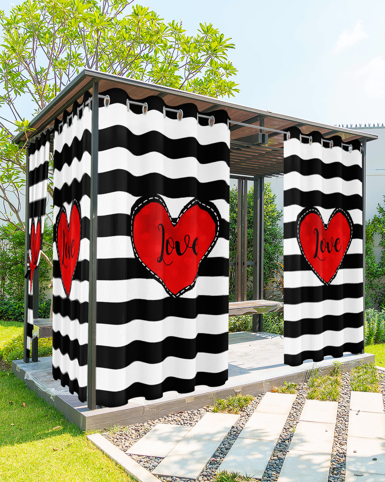Valentine Red Love Heart Outdoor Curtains for Patio, Black and White ...