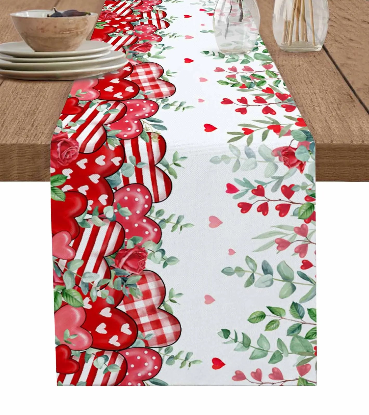 Valentine'S Day Heart Eucalyptus Leaves Rose Table Runner Luxury ...