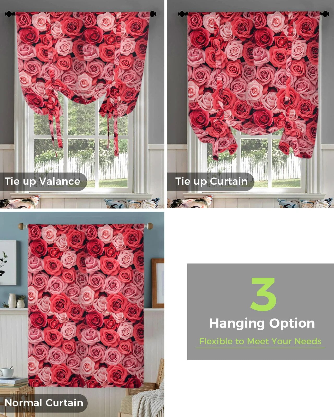 Valentine'S Day Hearts Red Roses Window Curtain for Living Room ...