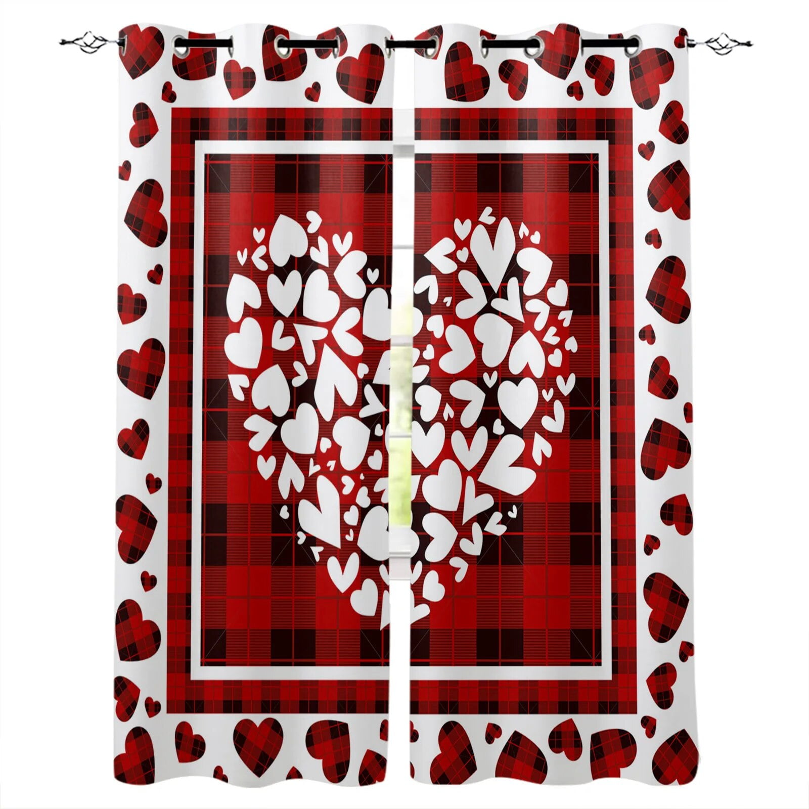 Valentine'S Day Hearts Texture Plaid Window Curtains for Living Room ...
