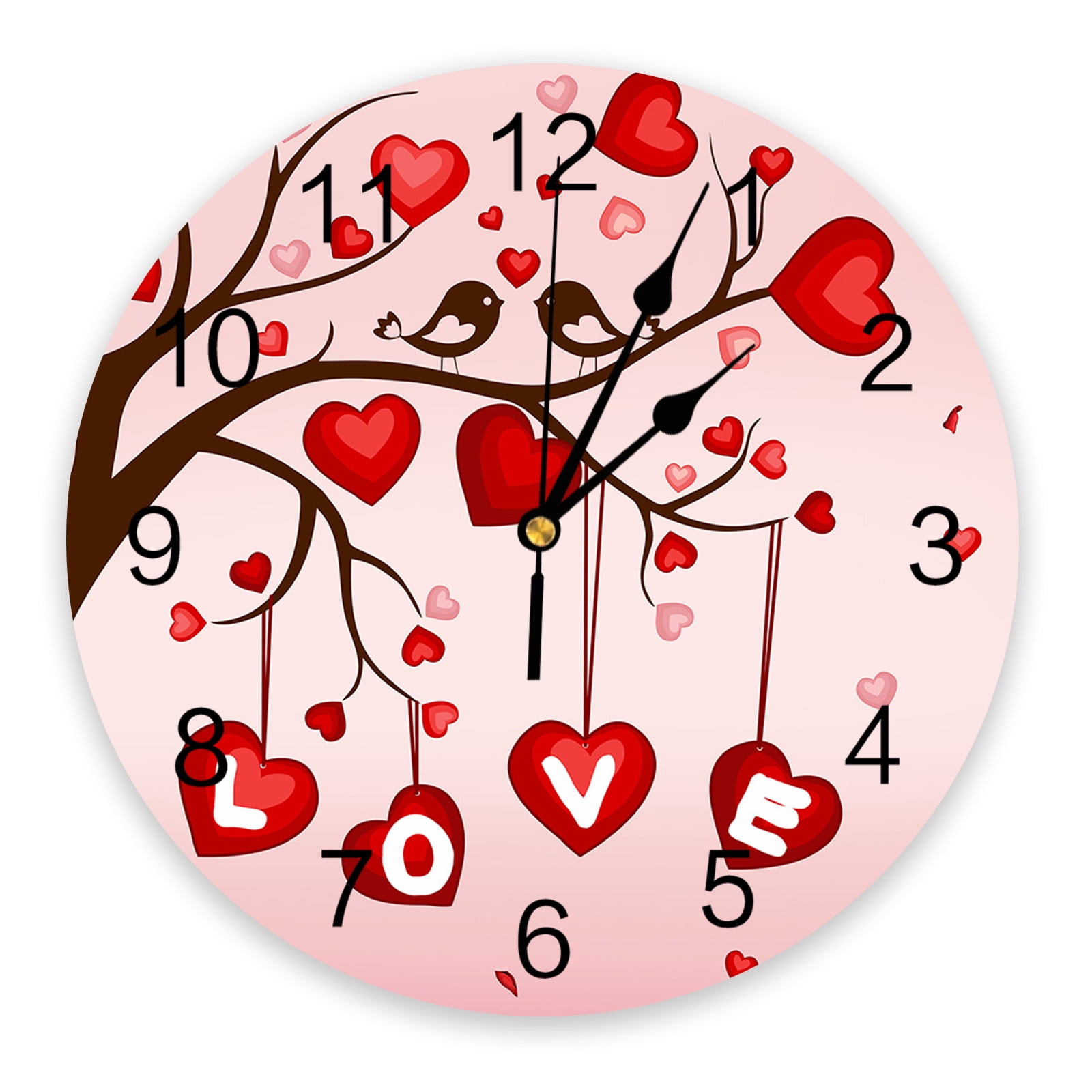 Valentine'S Day Red Heart Tree Pink Large Wall Clocks Kids Room Silent ...
