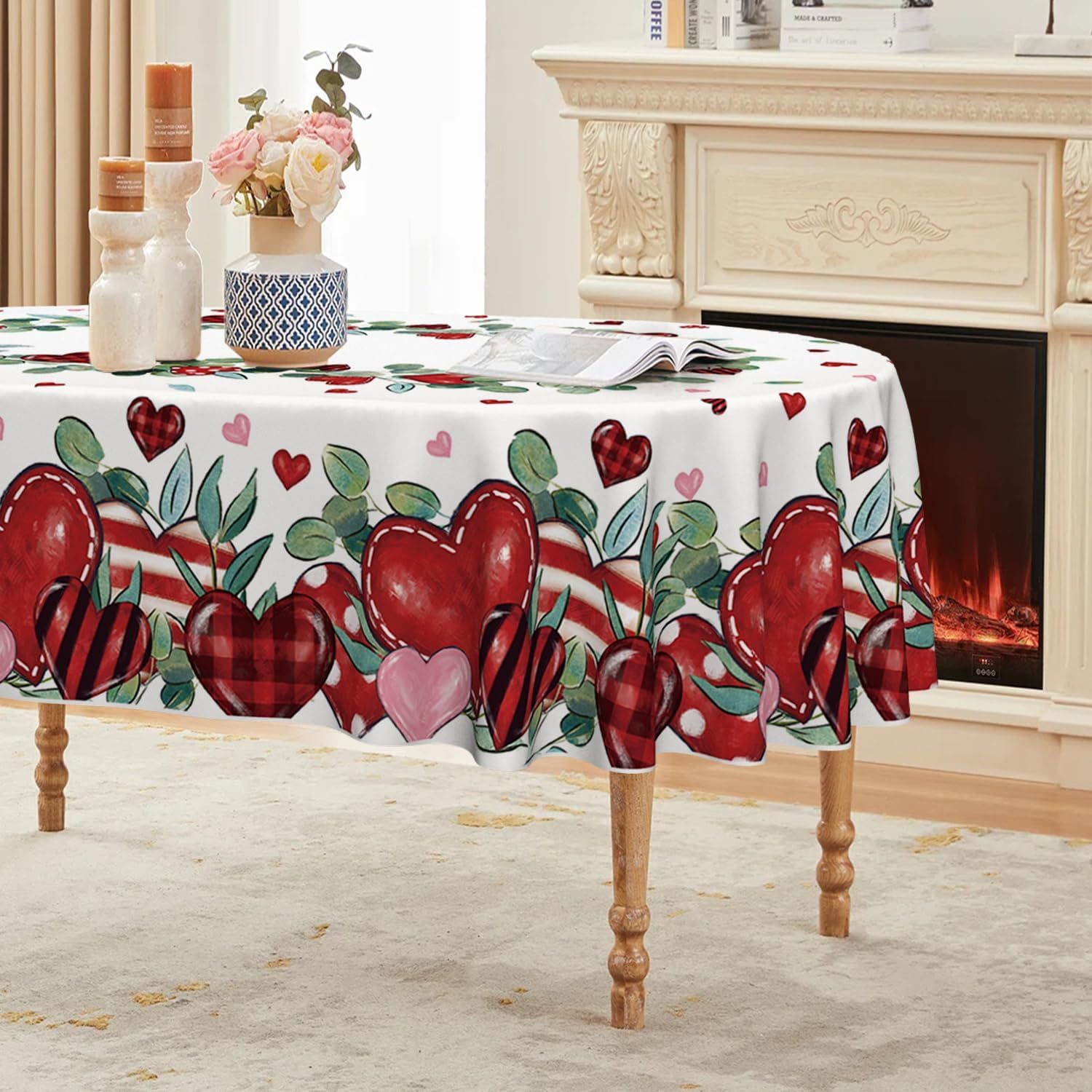 Valentine Tablecloth 60×84 Inch Oval, Red Love Eucalyptus Washable ...