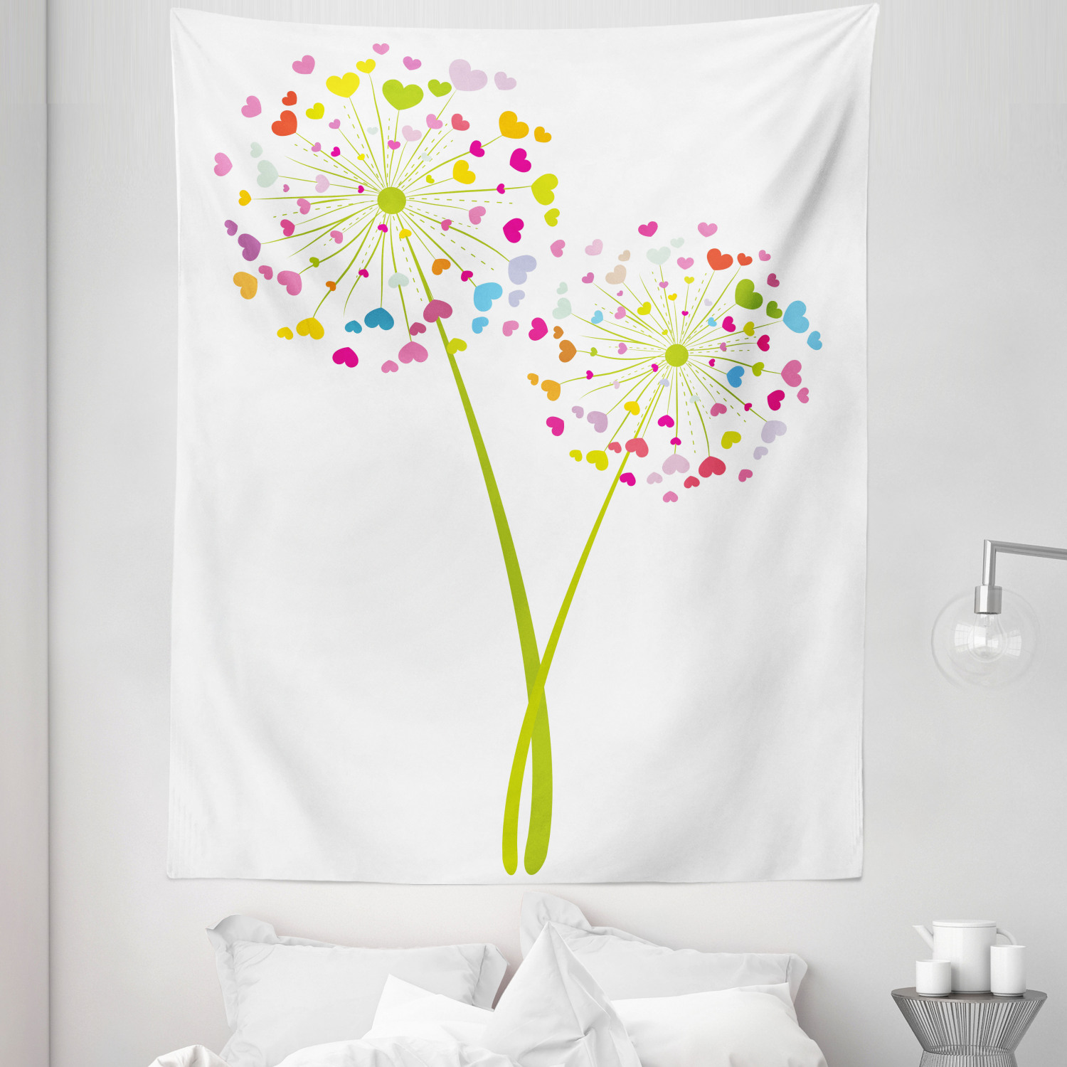 Valentine Tapestry, Spring Dandelion Flower with Heart Shaped Colorful ...