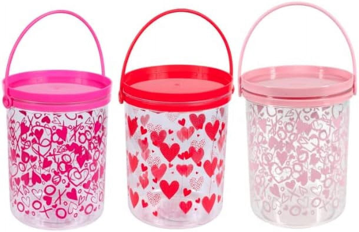 Valentine Themed Heart Printed Plastic Buckets with Lids 5.25x4.25in ...