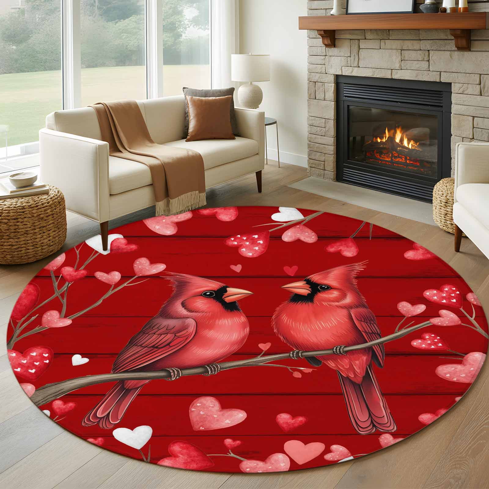 Valentine's Cardinal Round Area Rug 6Ft Washable Circle Rugs for ...