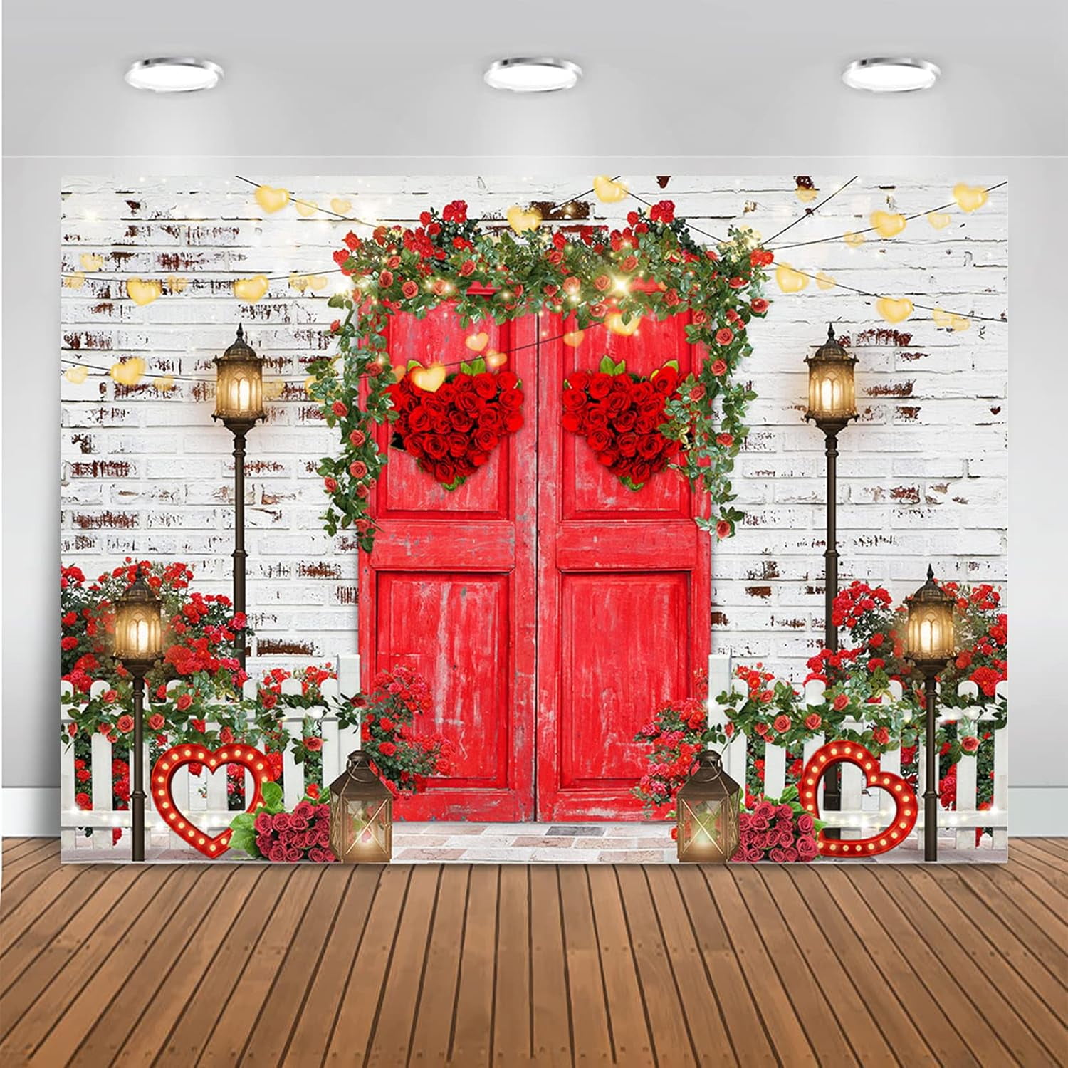 Valentine's Day Backdrop for Photography Red Rose Wooden Doors White ...
