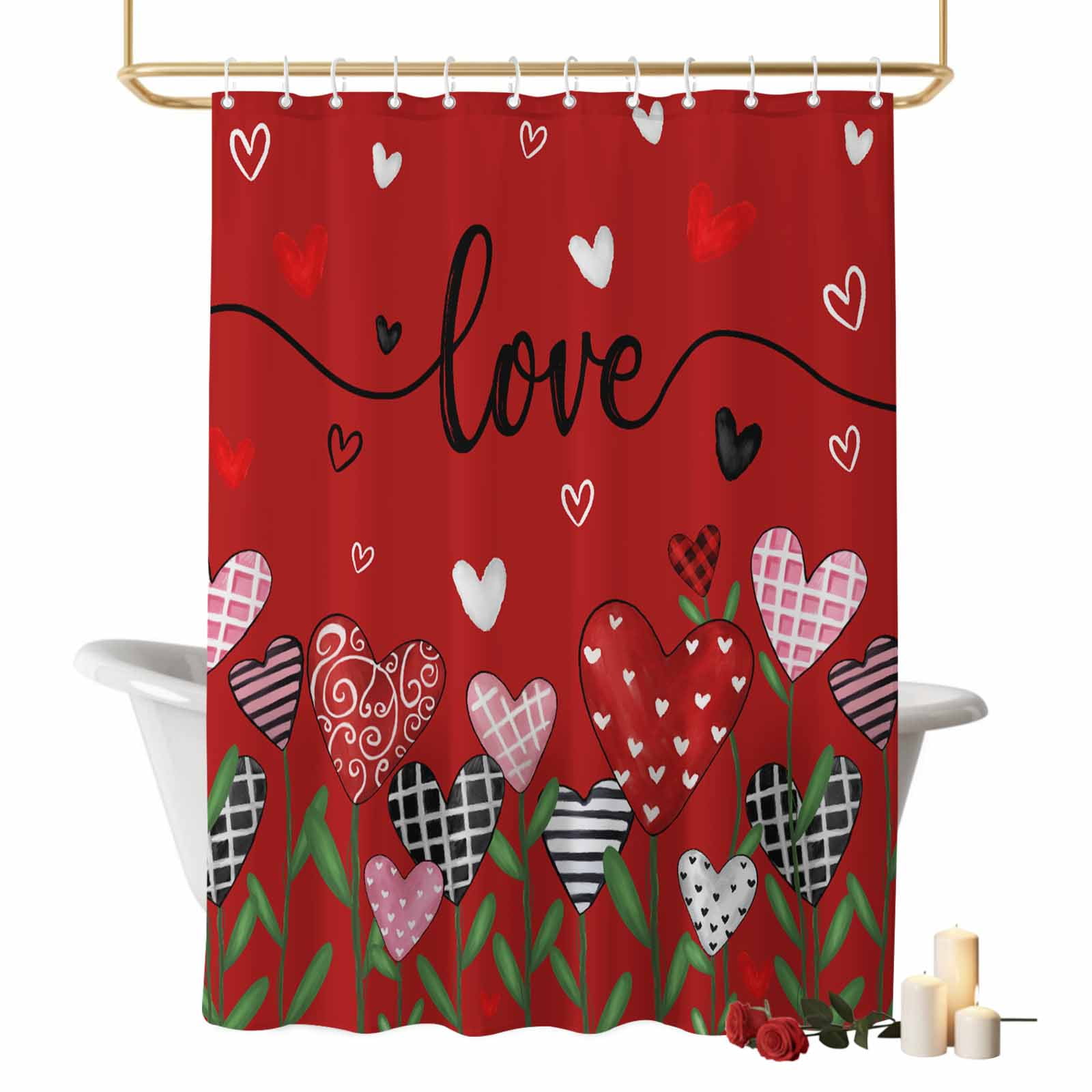 Valentine's Day Bathroom Shower Curtain, Red Love Heart Plaid Flowers ...