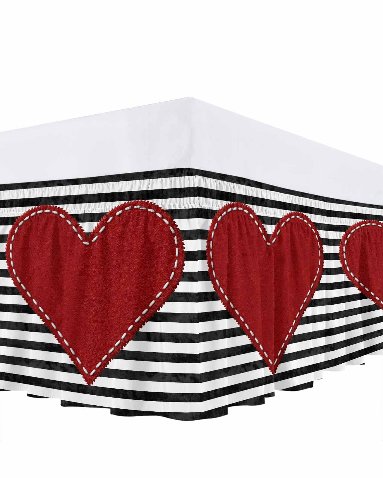 Valentine's Day Bed Skirt Queen Size 18 Inch Drop, Retro Red Love Heart ...