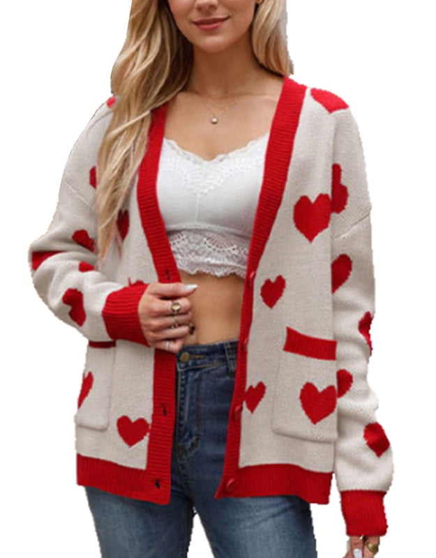 Valentine's Day Cardigans for Women Cute Heart Printed V-Neck Button ...