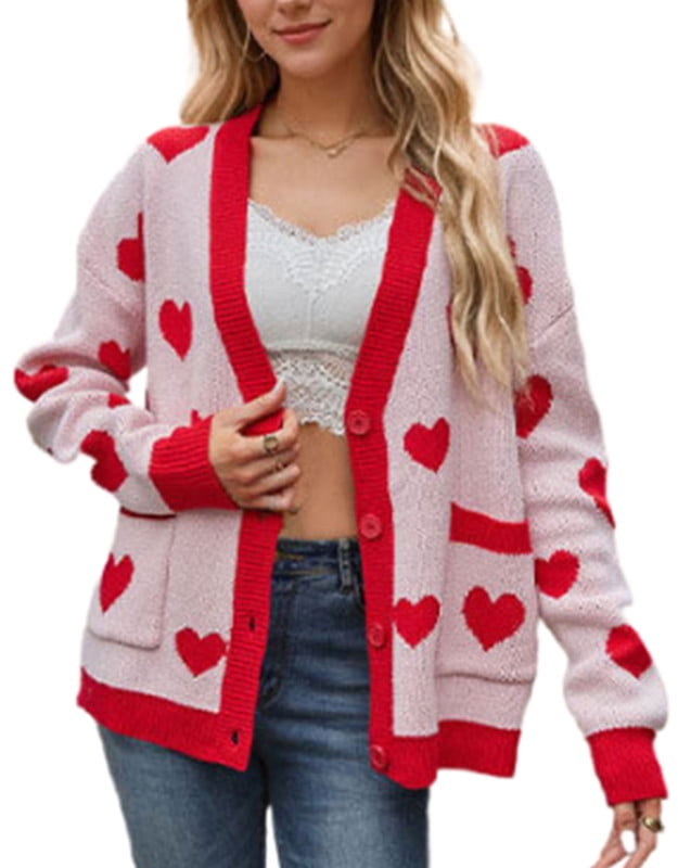 Valentine's Day Cardigans for Women Cute Heart Printed V-Neck Button ...