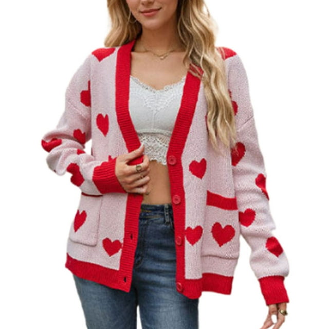 Valentine's Day Cardigans for Women Cute Heart Printed V-Neck Button Down Cardigan Sweaters with ...