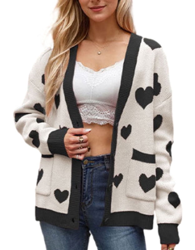 Valentine's Day Cardigans for Women Cute Heart Printed V-Neck Button ...