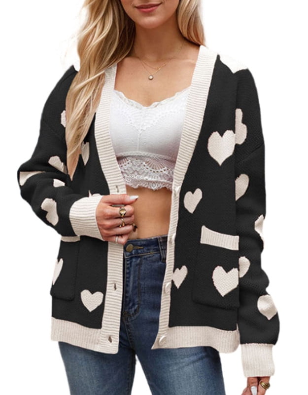 Valentine's Day Cardigans for Women Cute Heart Printed V-Neck Button Down Cardigan Sweaters with ...