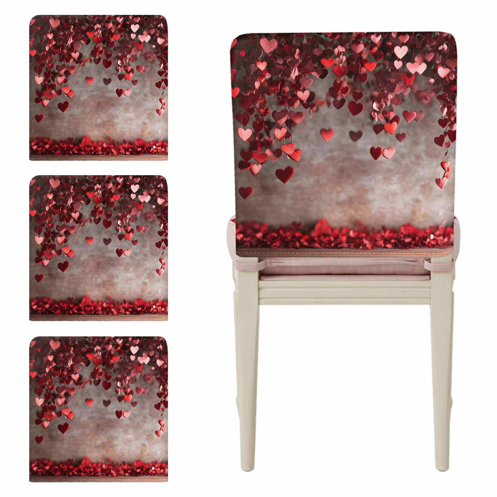 Valentine's Day Chair Back Covers Set of 4, Romantic Red Pink Falling ...