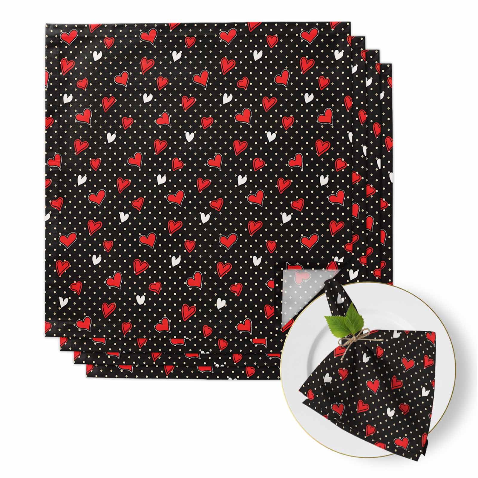 Valentine's Day Cloth Napkins Set of 4 Love Heart Black Polka Dots Soft ...