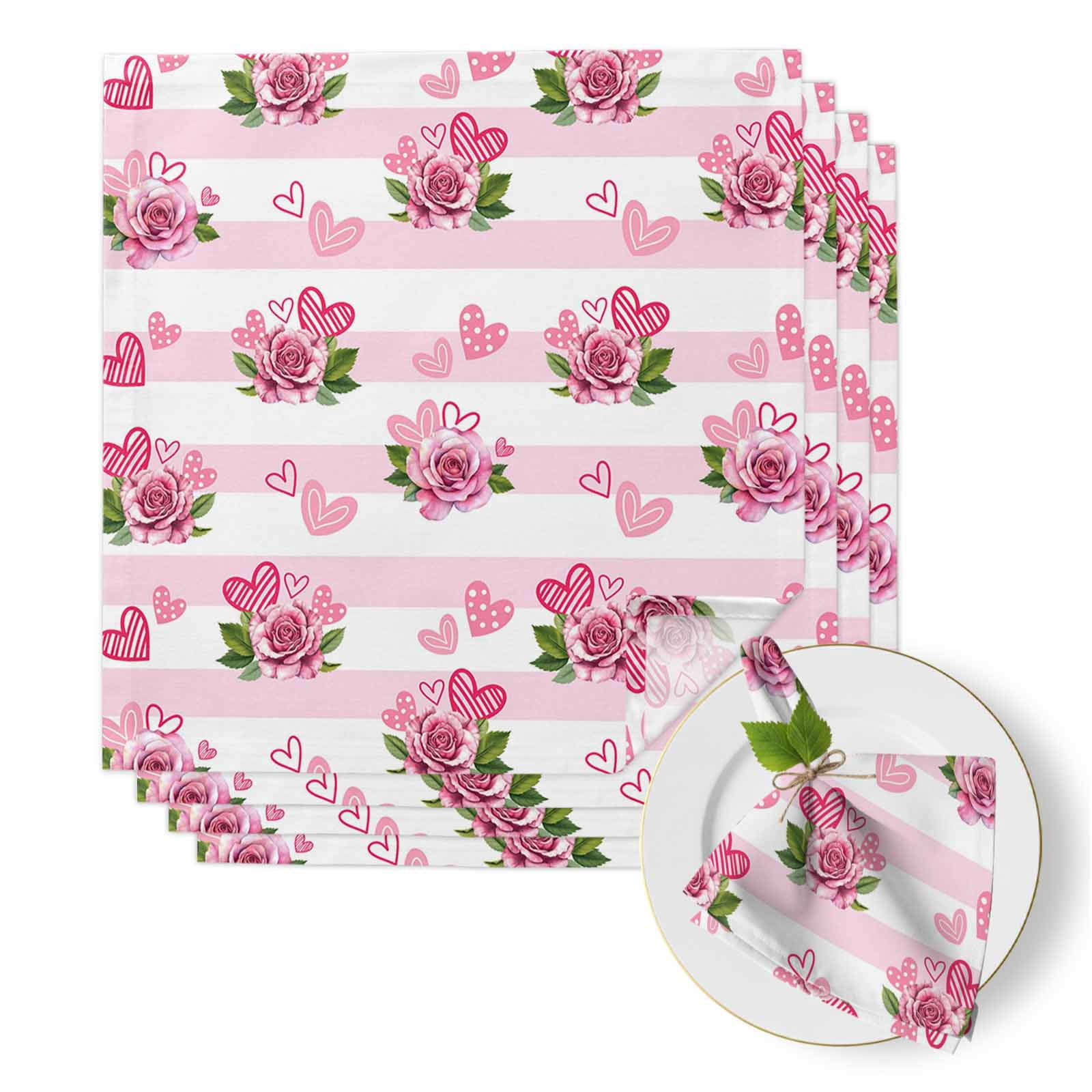 Valentine's Day Cloth Napkins Set of 4 Romantic Pink Roses Floral Love ...