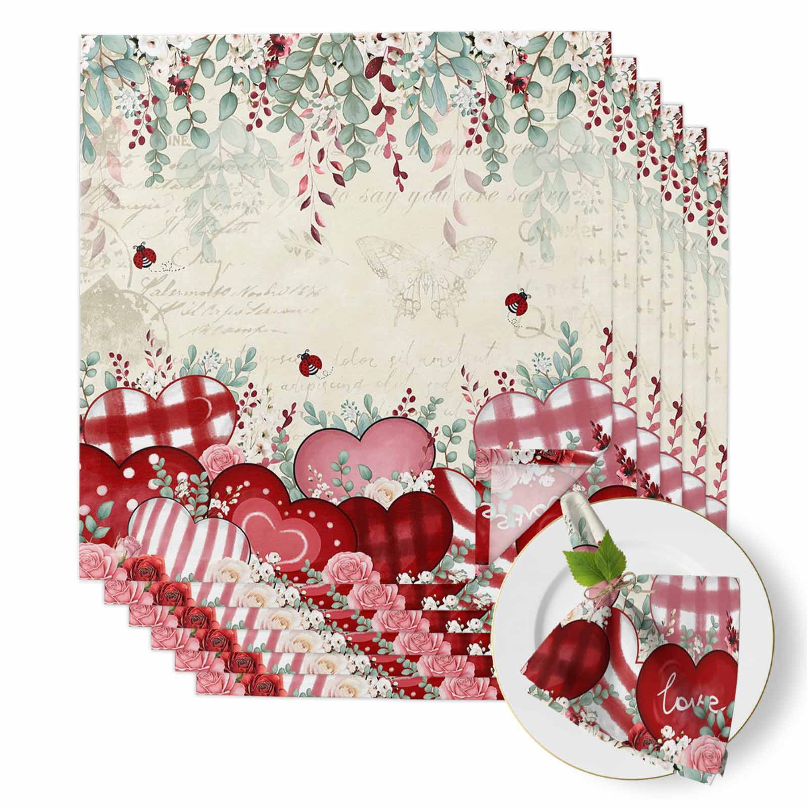 Valentine's Day Cloth Napkins Set of 6 Watercolor Red Pink Love Heart ...