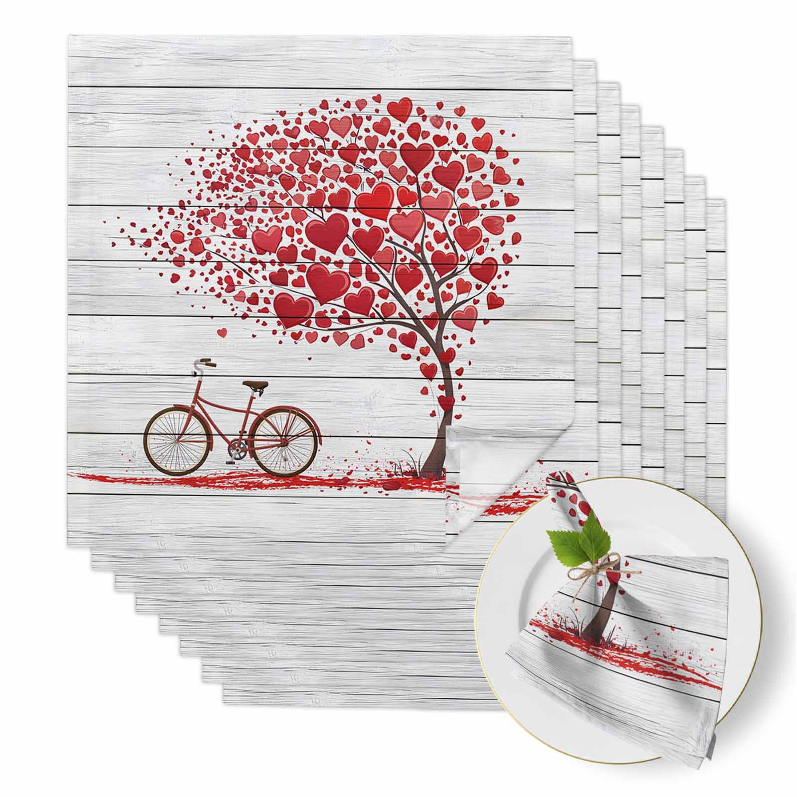 Valentine's Day Cloth Napkins Set of 8 Red Love Tree Heart Bicycle Grey ...