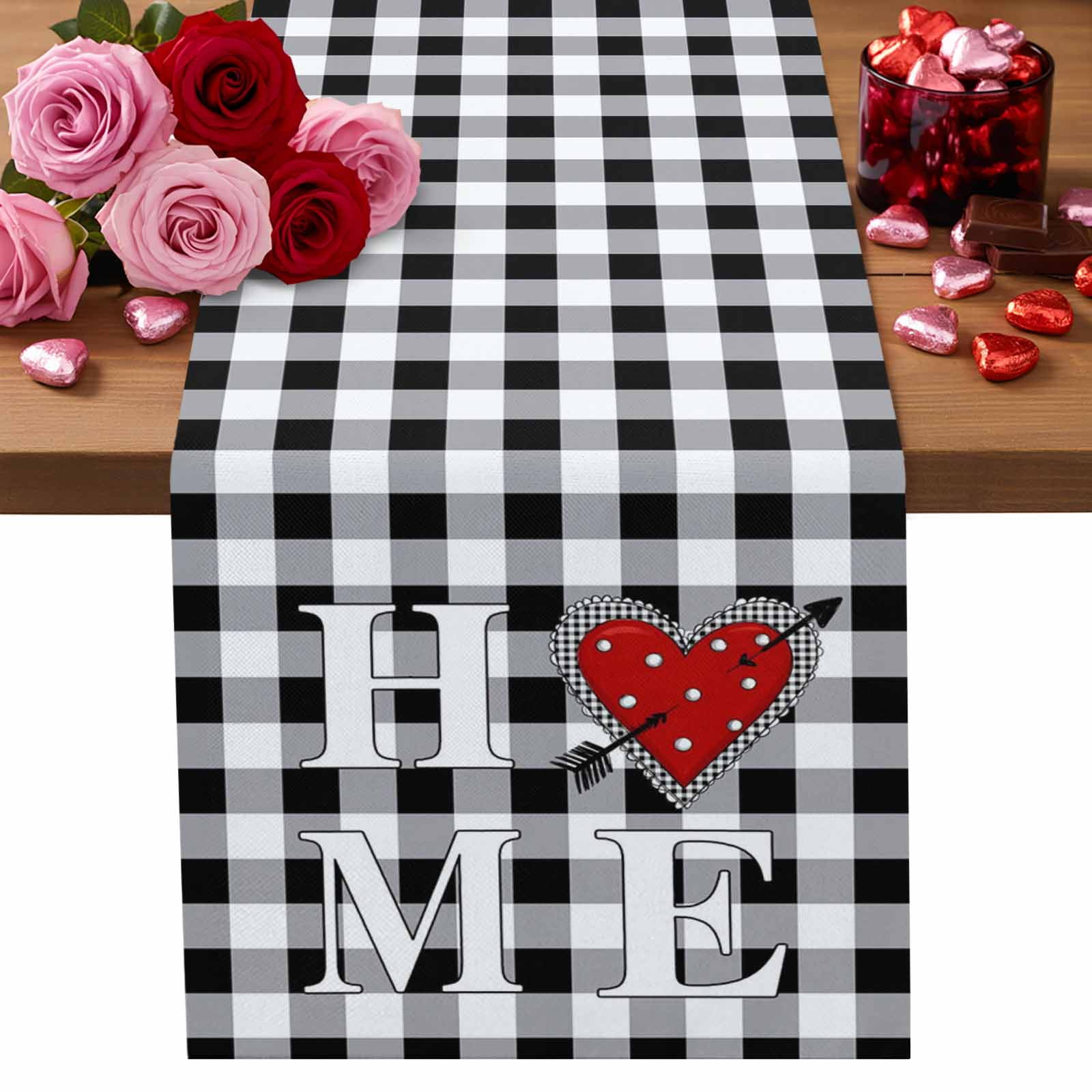 Valentine's Day Cotton Linen Table Runner Black White Checkered Red ...