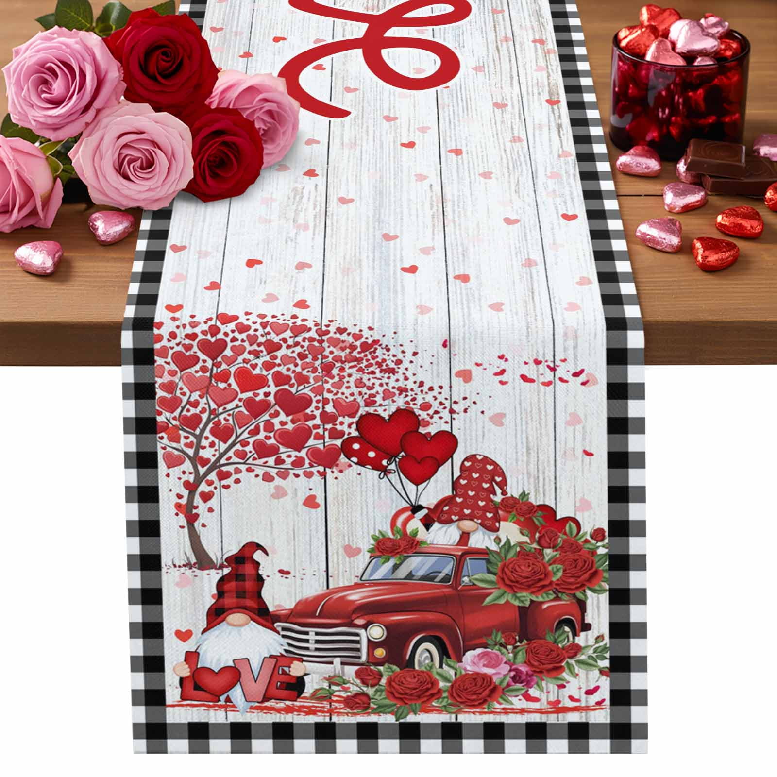 Valentine's Day Cotton Linen Table Runner Love Tree Dwarf Truck Rose ...