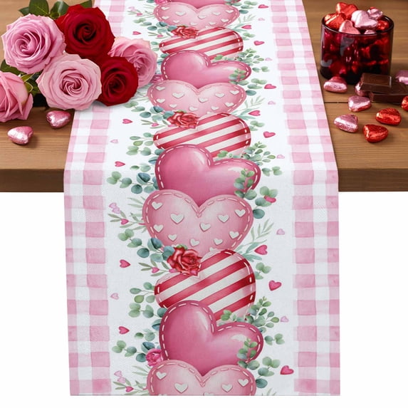 Valentine's Day Cotton Linen Table Runner Pink Red Stripe Love Heart ...