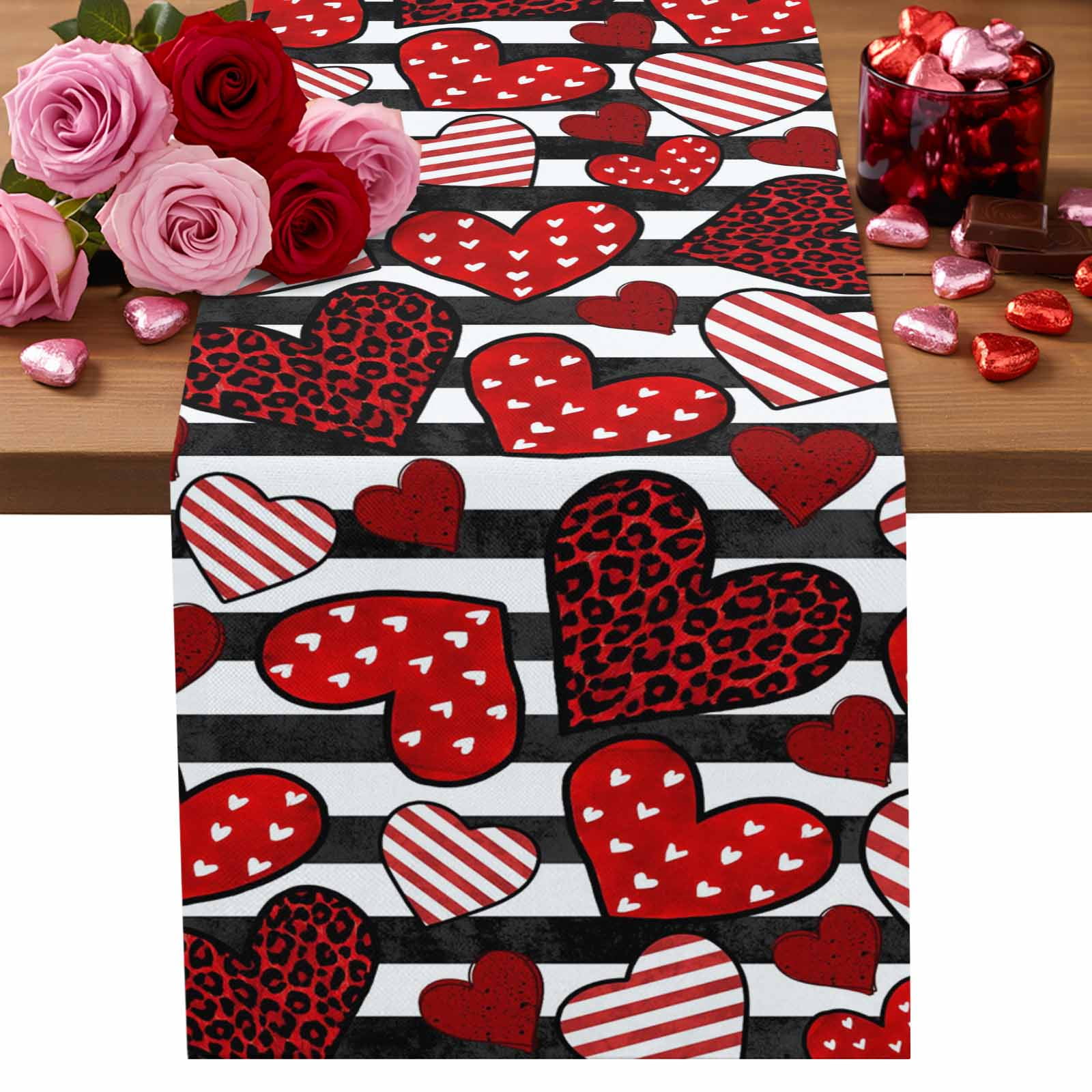 Valentine's Day Cotton Linen Table Runner Red Love Heart Leopard Print ...