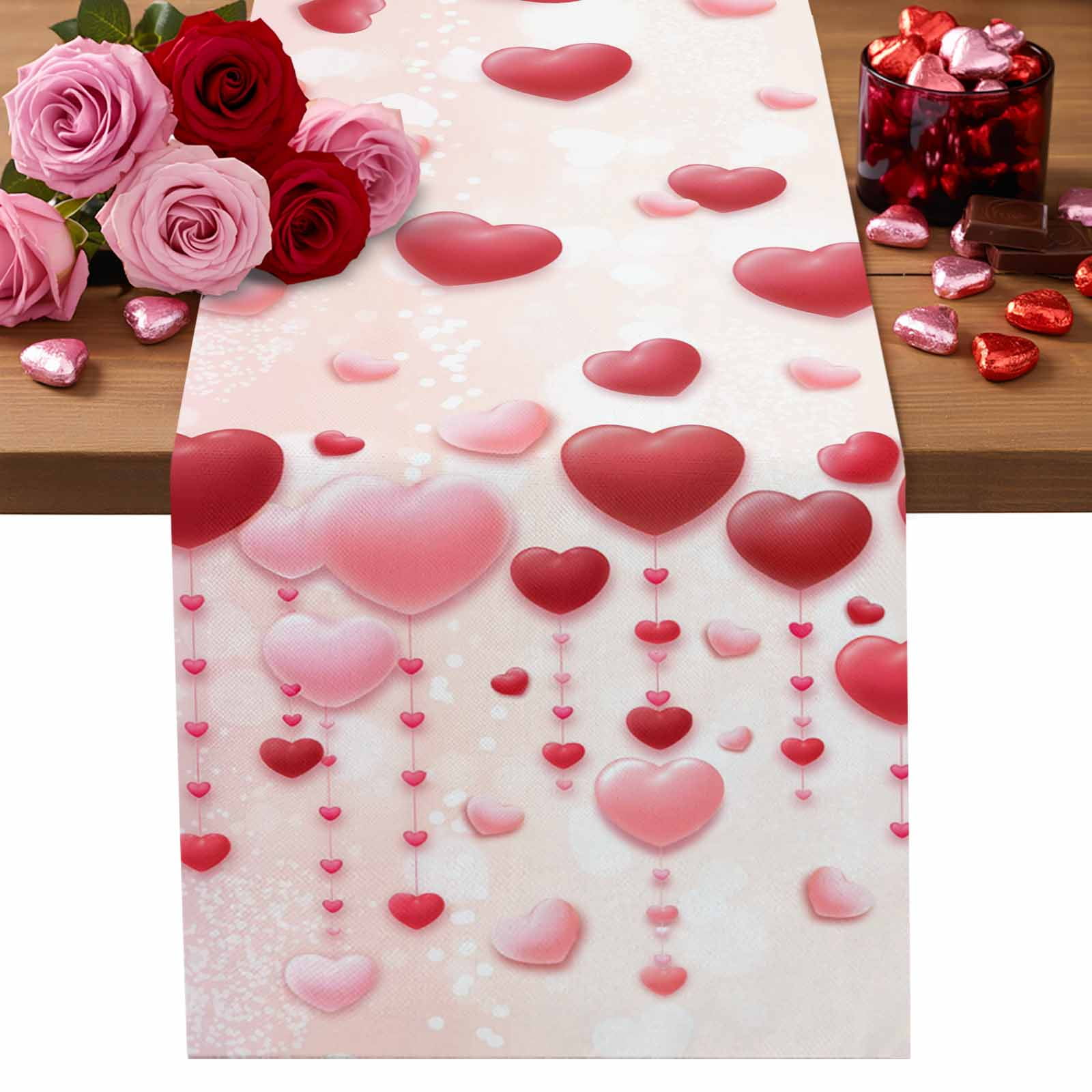 Valentine's Day Cotton Linen Table Runner Romantic Pink Love Heart ...
