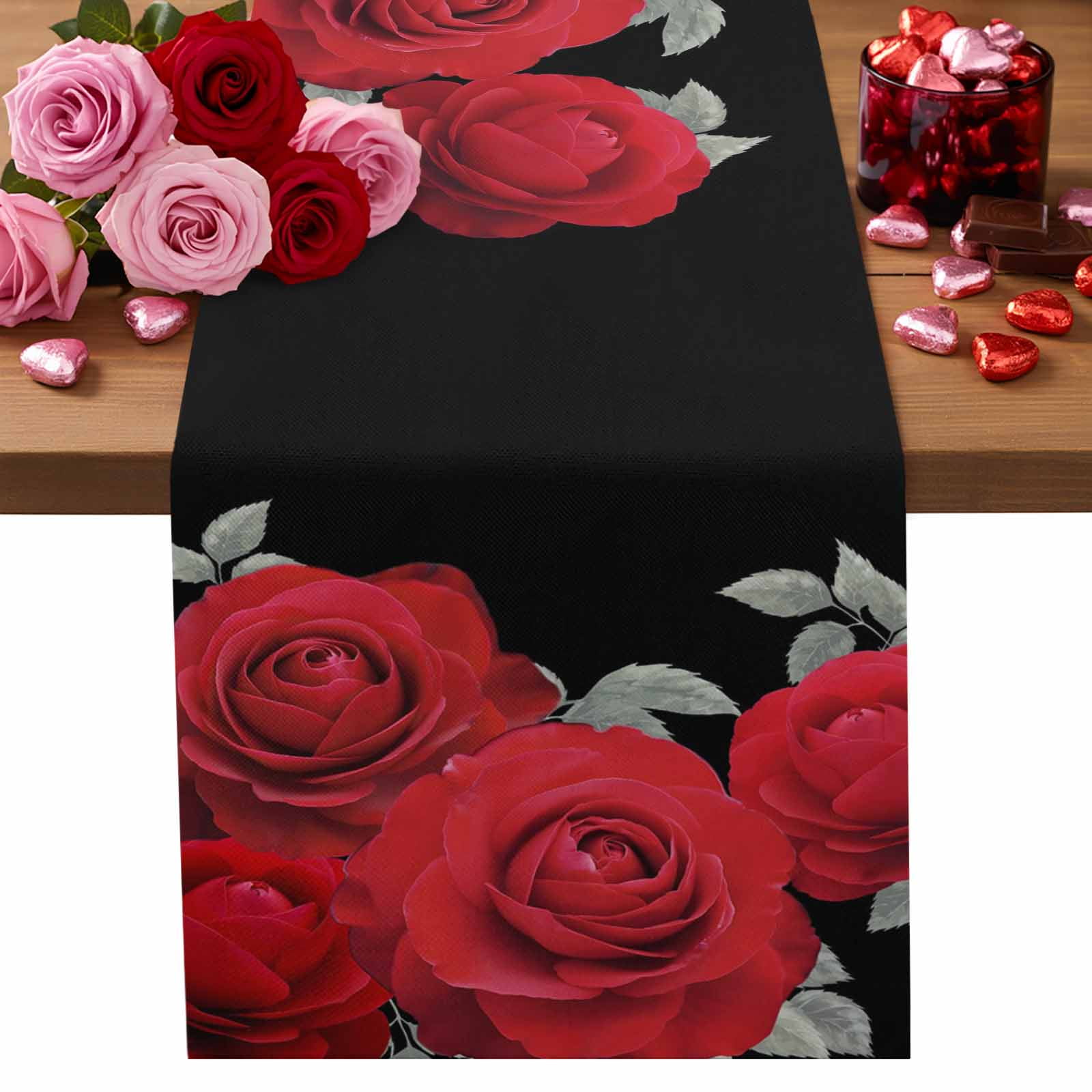 Valentine's Day Cotton Linen Table Runner Romantic Red Roses Floral ...