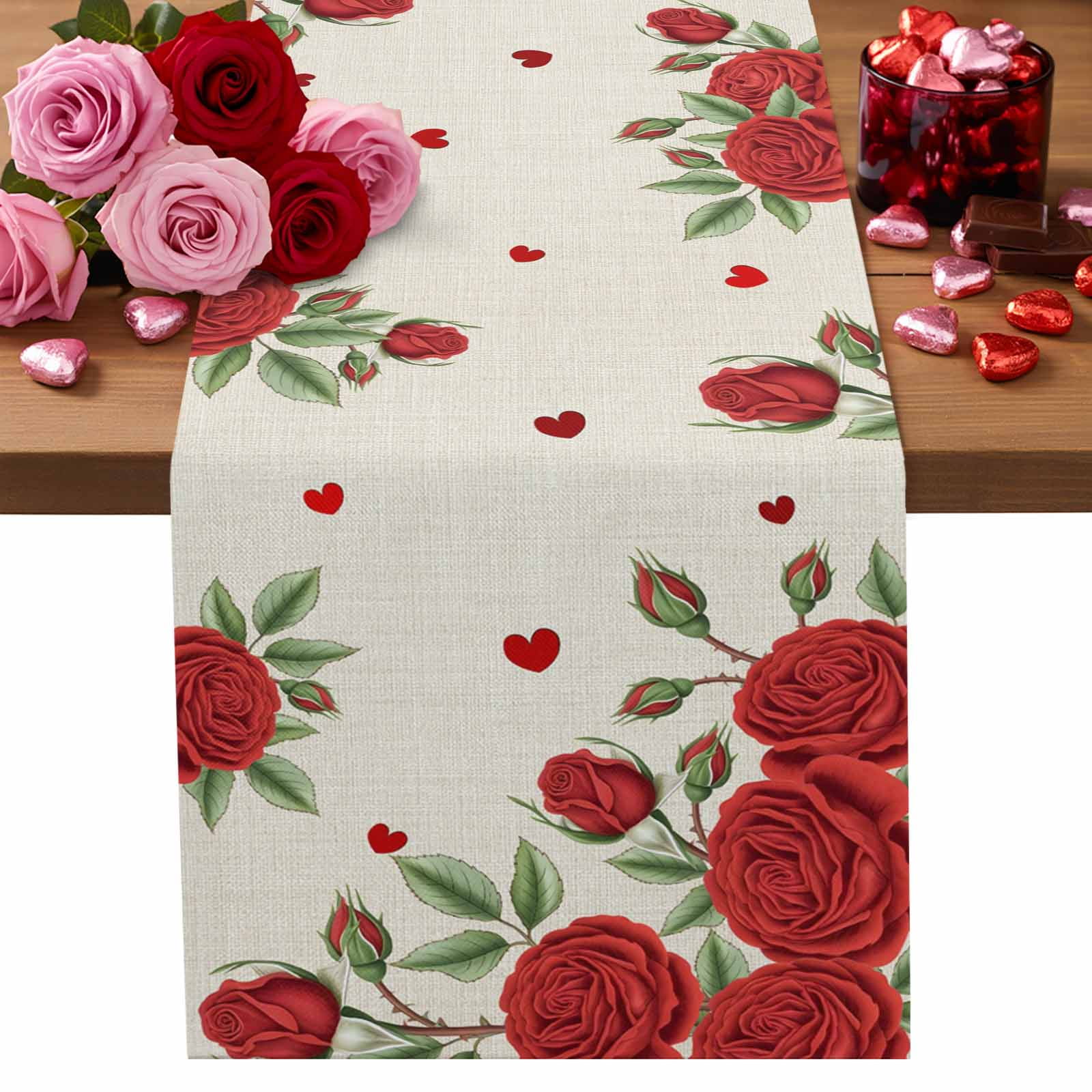 Valentine's Day Cotton Linen Table Runner Romantic Red Roses Retro ...