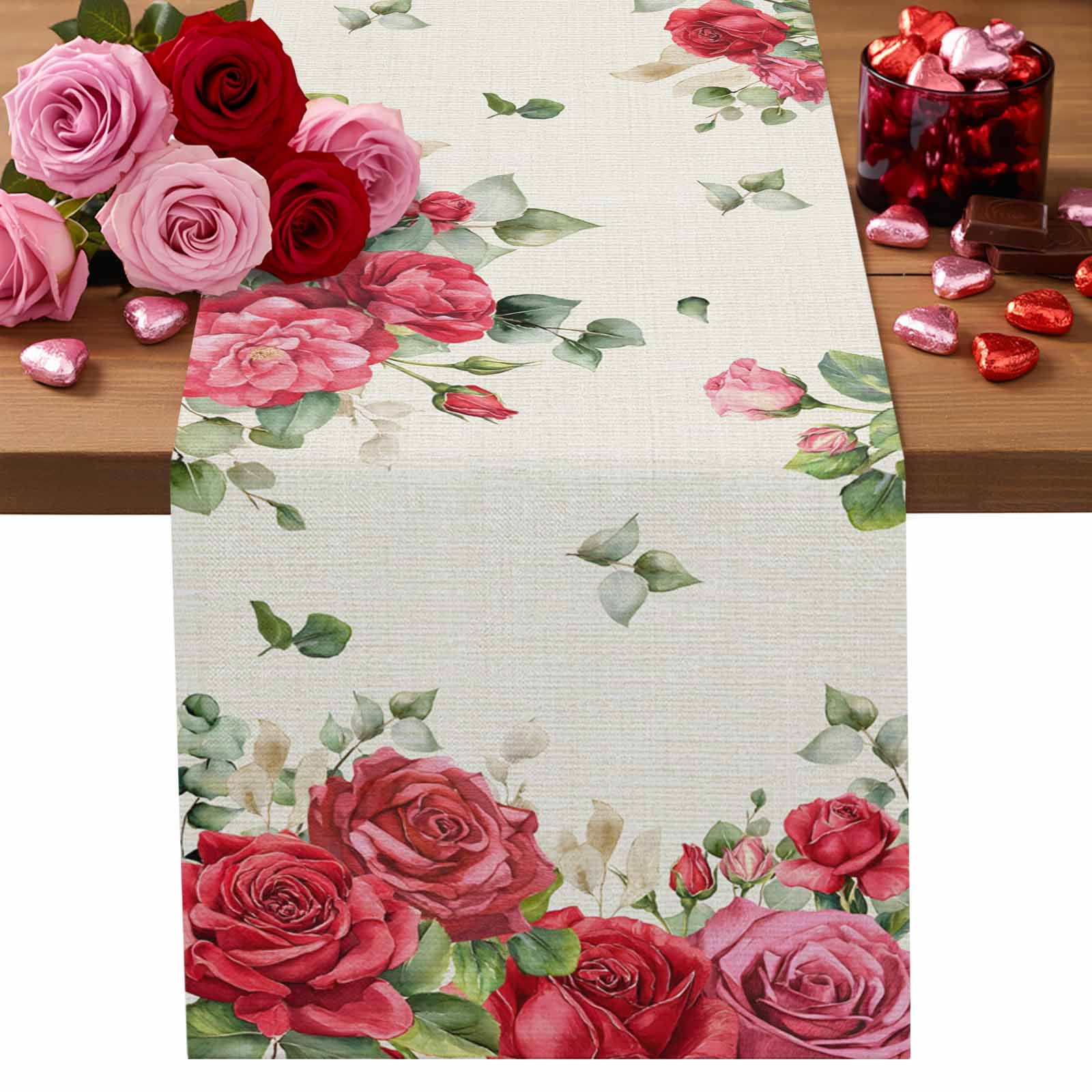 Valentine's Day Cotton Linen Table Runner Roses Eucalyptus Leaf ...