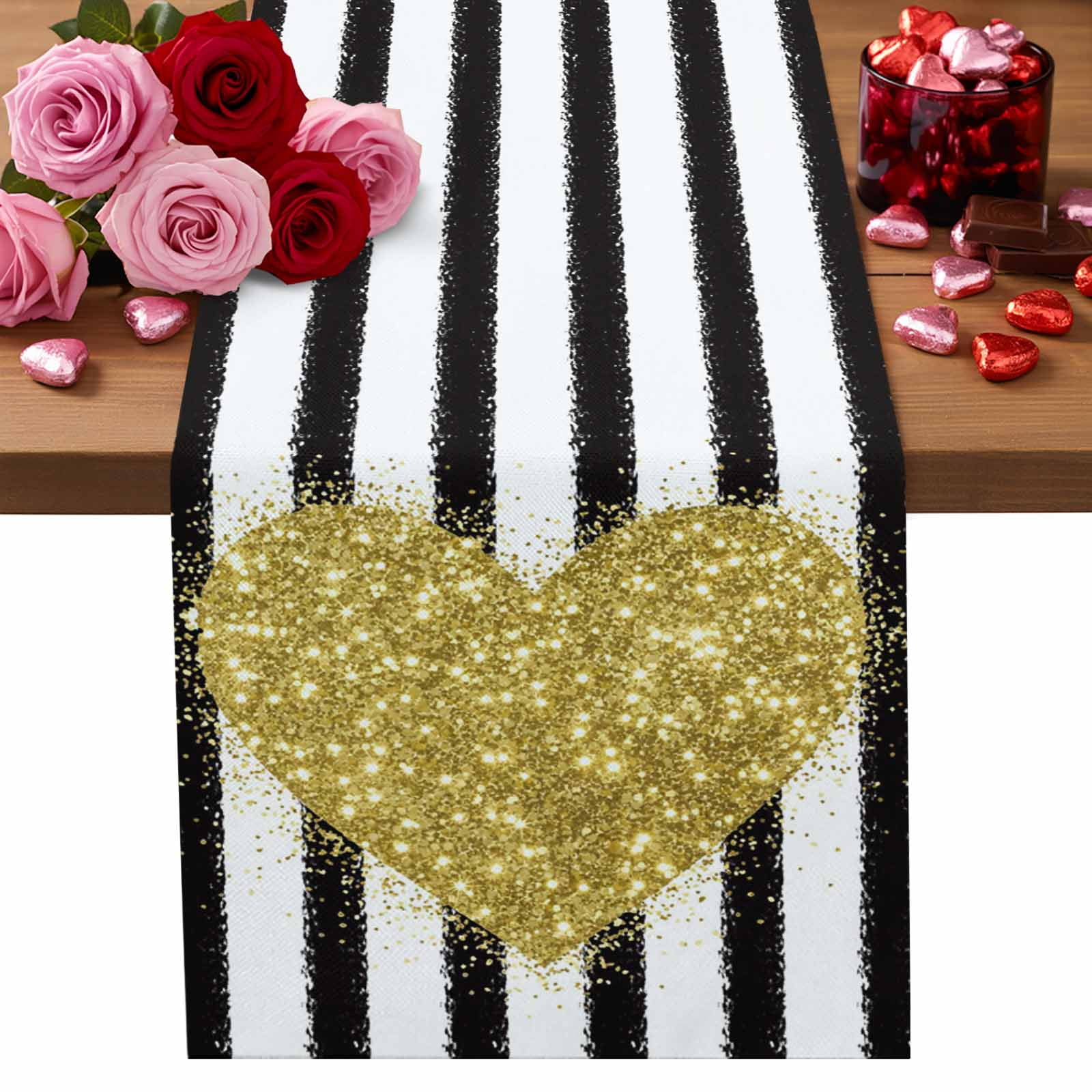 Valentine's Day Cotton Linen Table Runner Vintage Shiny Gold Love ...