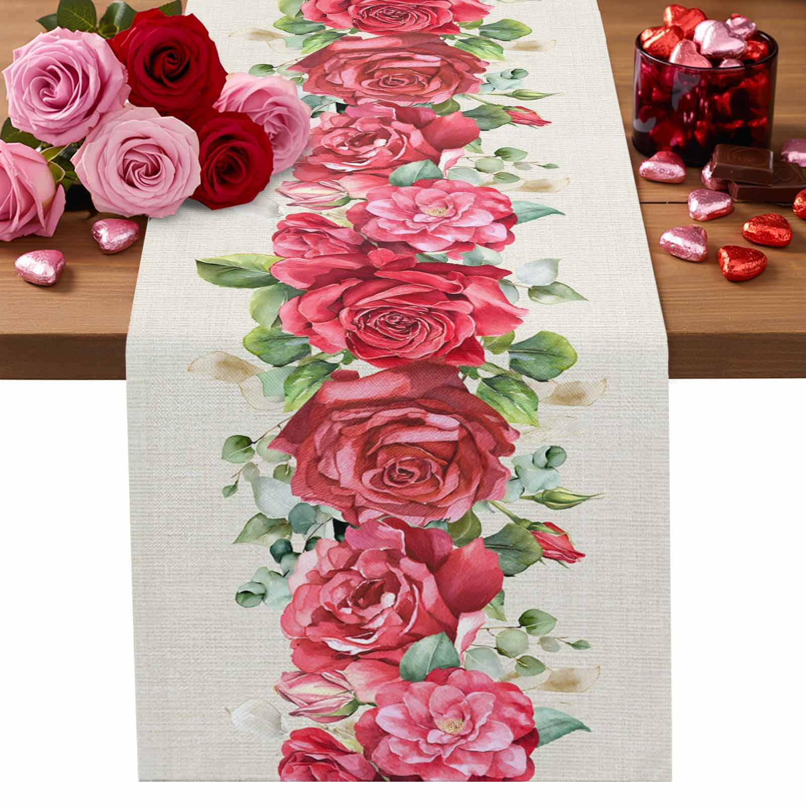 Valentine's Day Cotton Linen Table Runner Watercolor Roses Eucalyptus ...