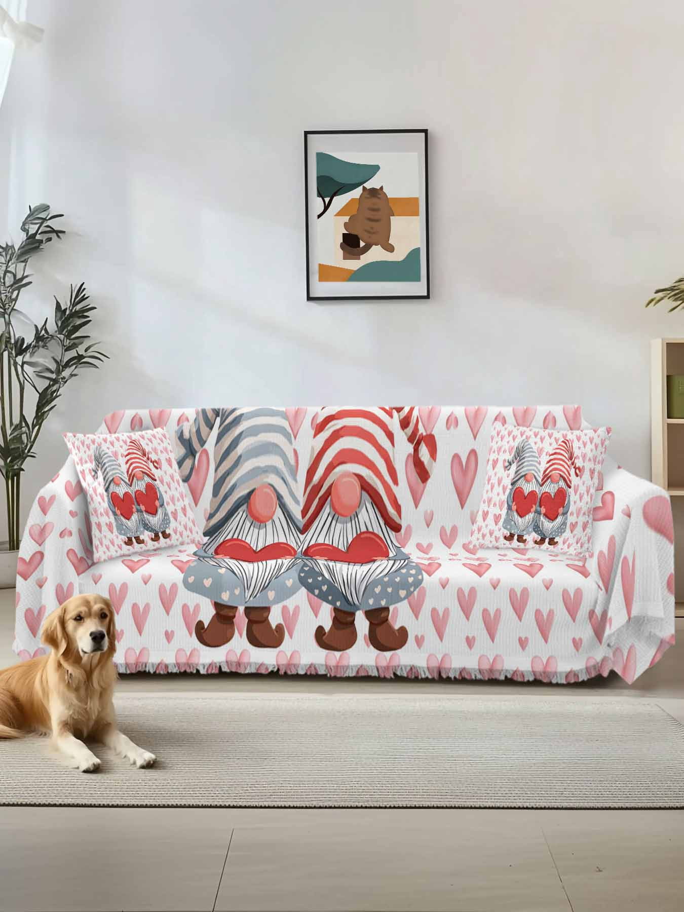 Valentine's Day Couch Cover for 2 Cushion Couch, Romance Gnomes Couple ...