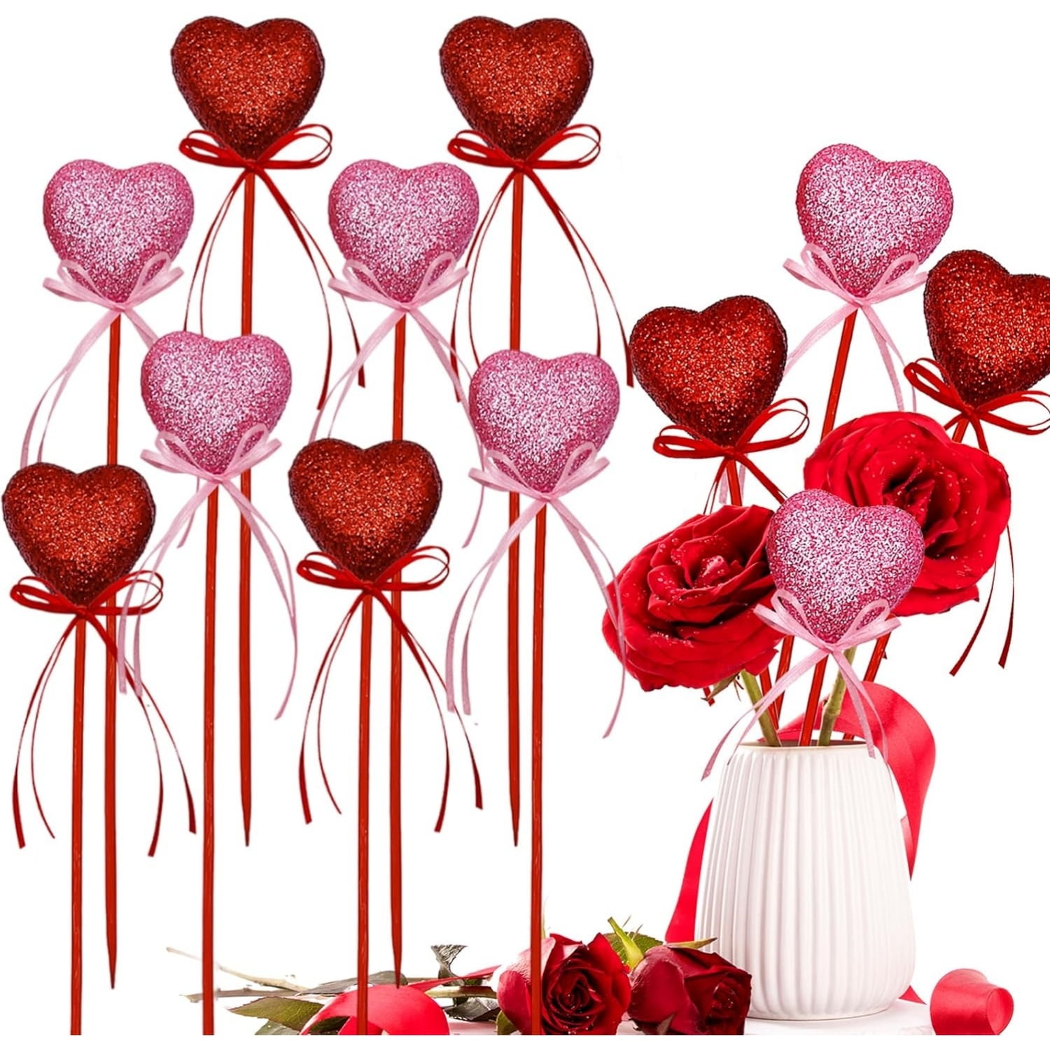 Valentine's Day Decorations,Glitter Red Pink Puffy Heart Picks,Foam ...
