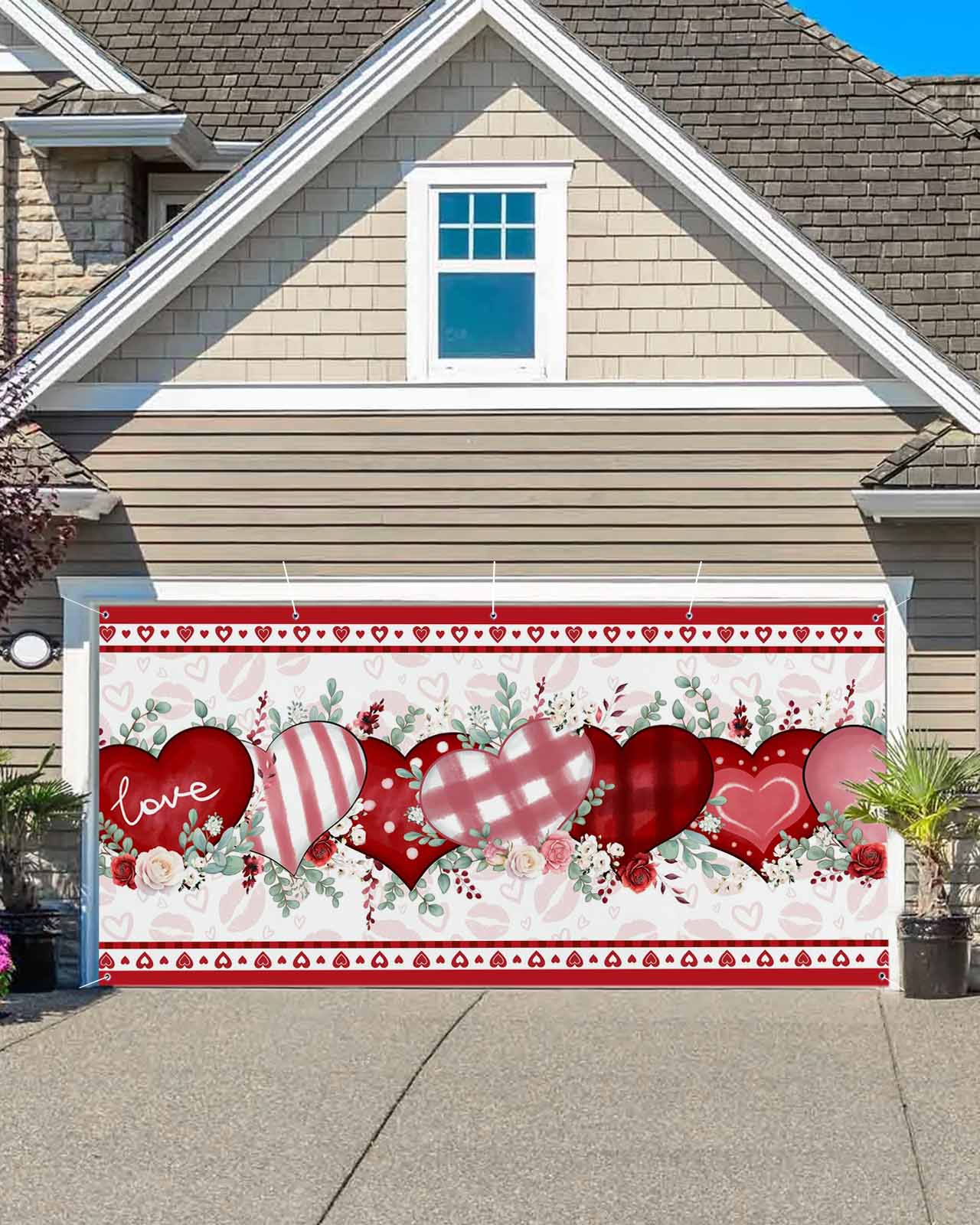 Valentine's Day Garage Door Banner Covers, Red Pink Stripes Plaid Dots ...