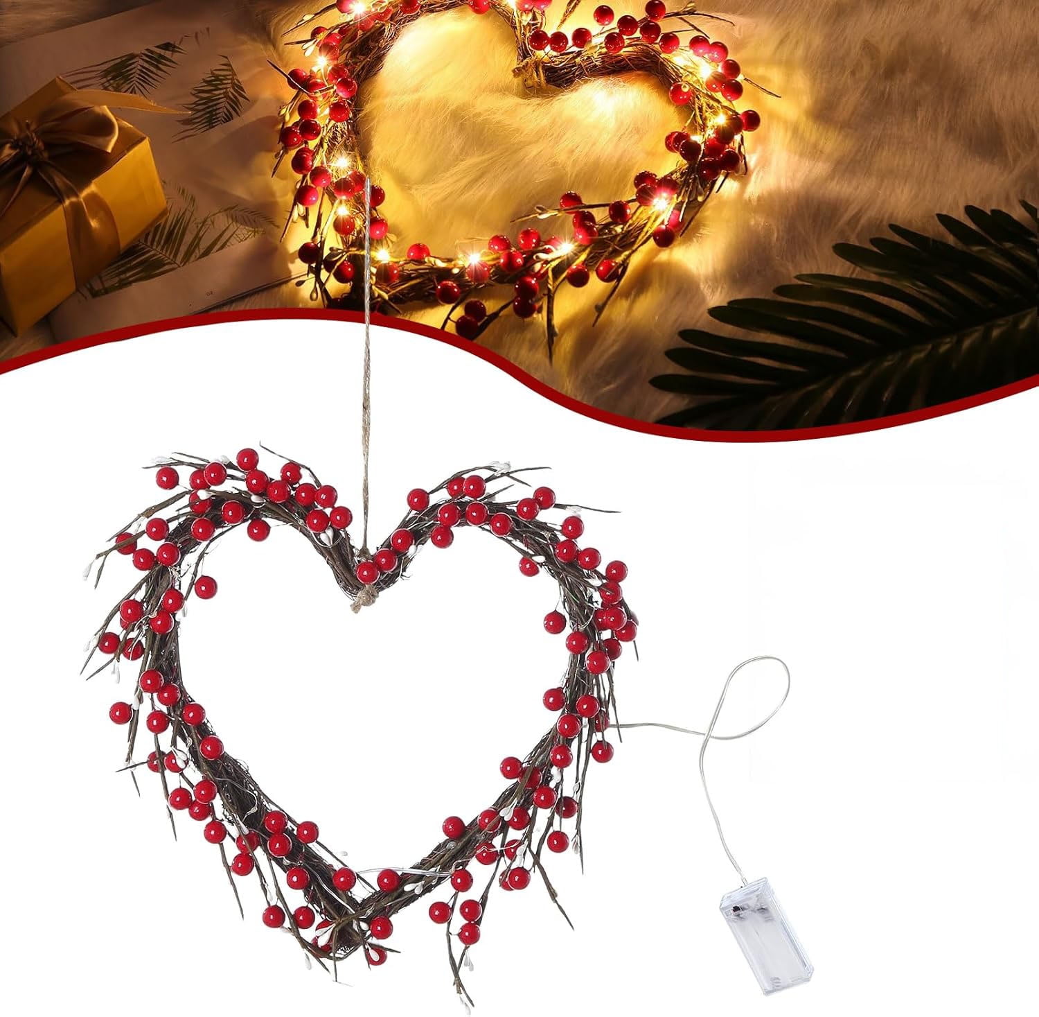 Valentine's Day Garland 16", LED Lighted Red Berry Heart Shaped ...